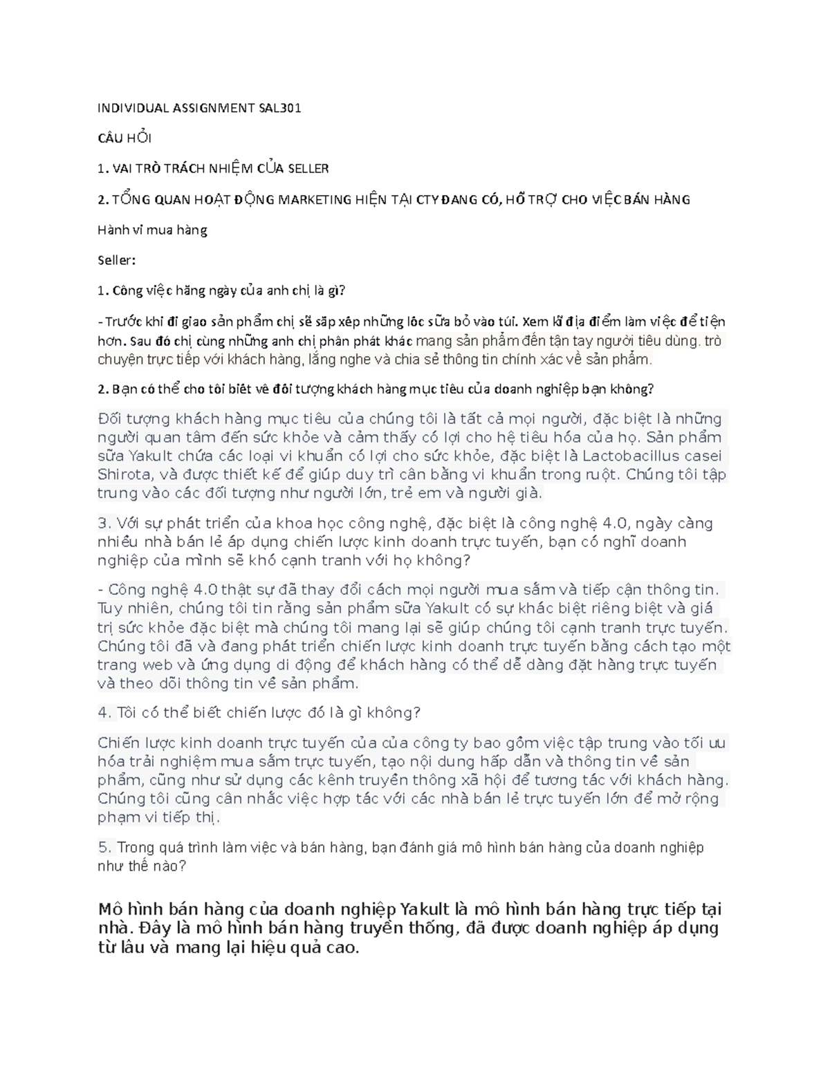 Bài Tập Cá Nhân SAL301: Phân Tích Chiến Lược Bán Hàng Yakult - Studocu