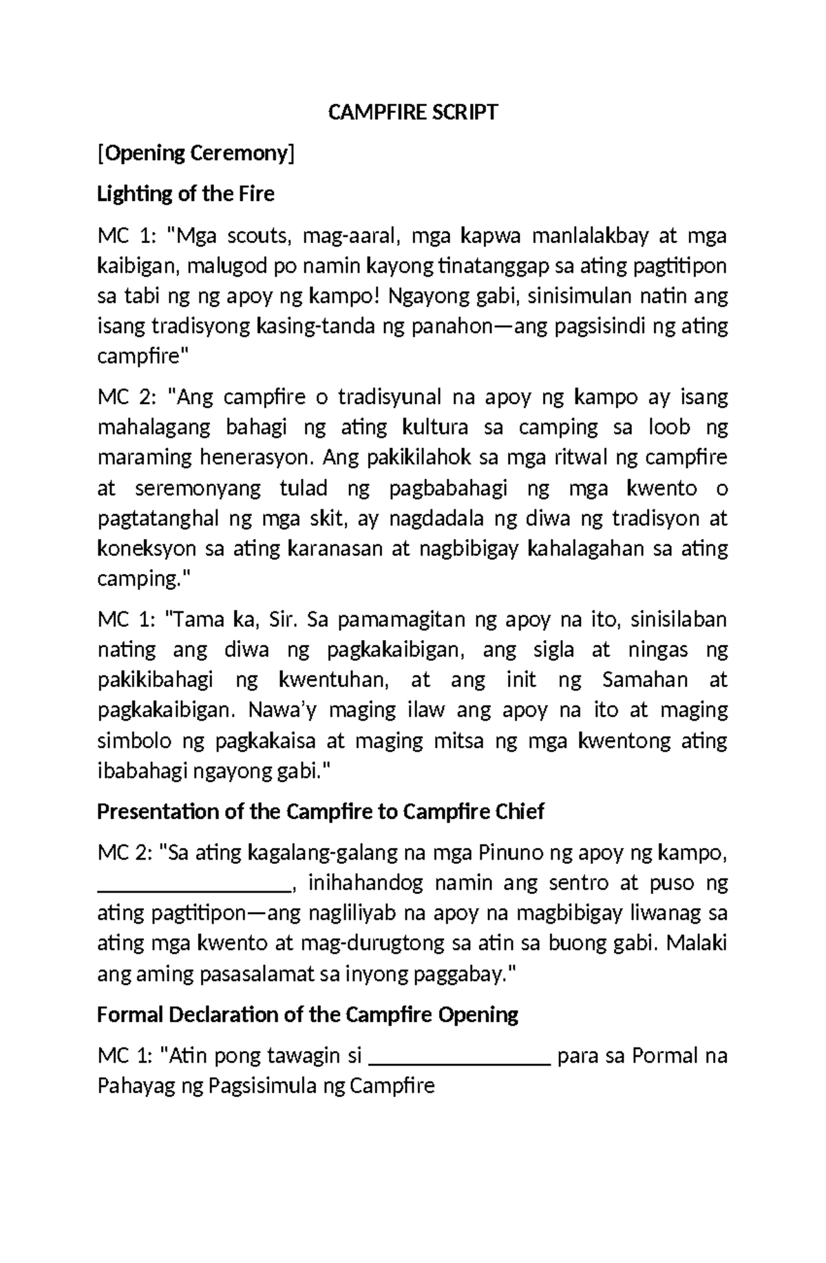 Campfire Script for Scouts: Tagalog Ceremony and Activities - Studocu