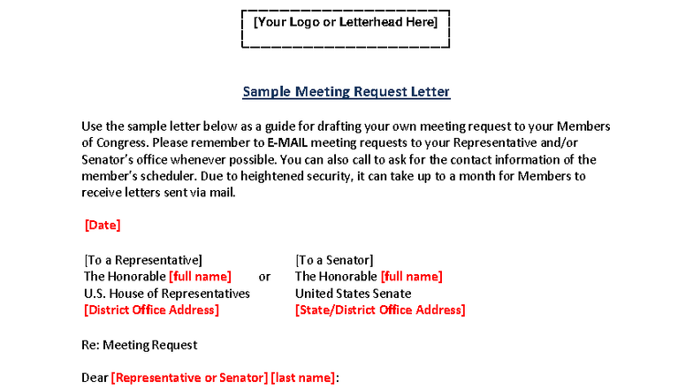 Sample Meeting Request Letter for Congress Members - Studocu