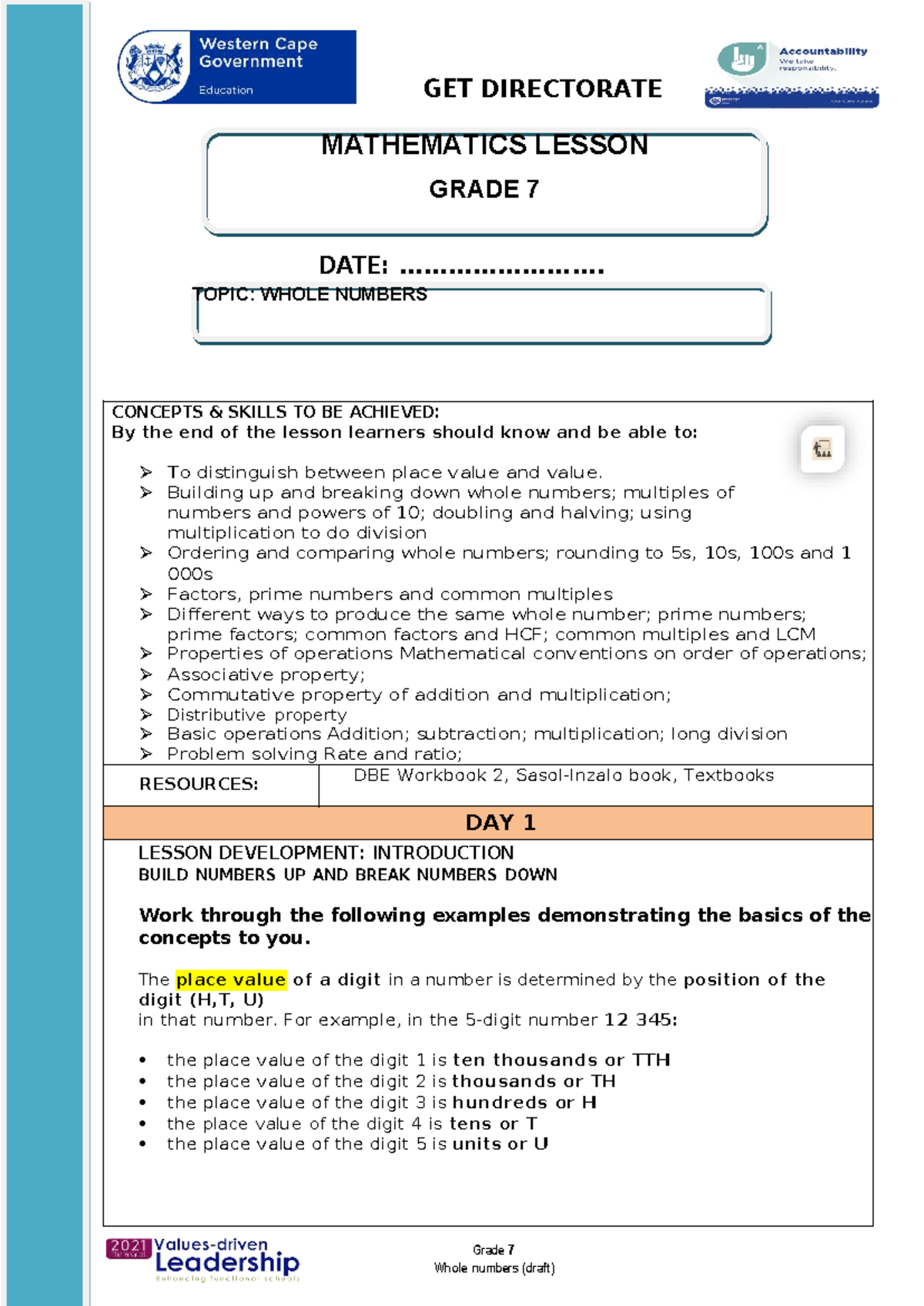Lessons Gr. 7 Mathematics Term 1: Whole Numbers Concepts and Skills - Studocu