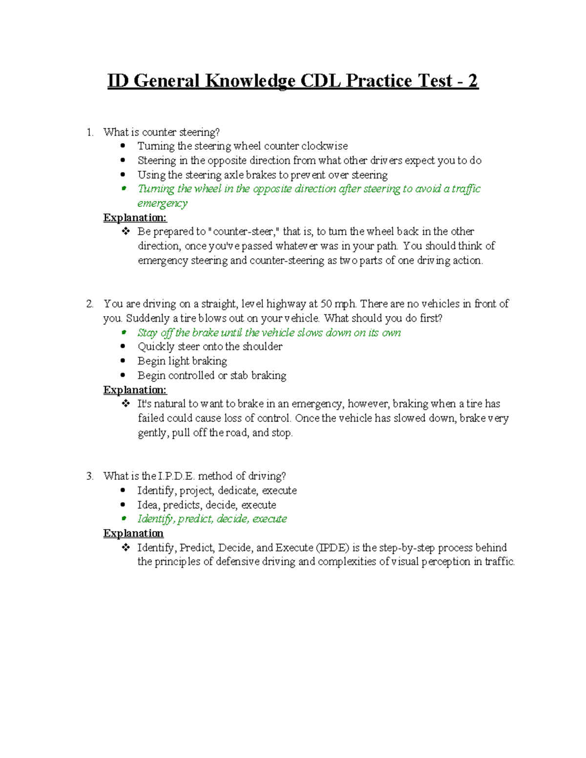 ID General Knowledge CDL Practice Test 2: Key Driving Concepts - Studocu