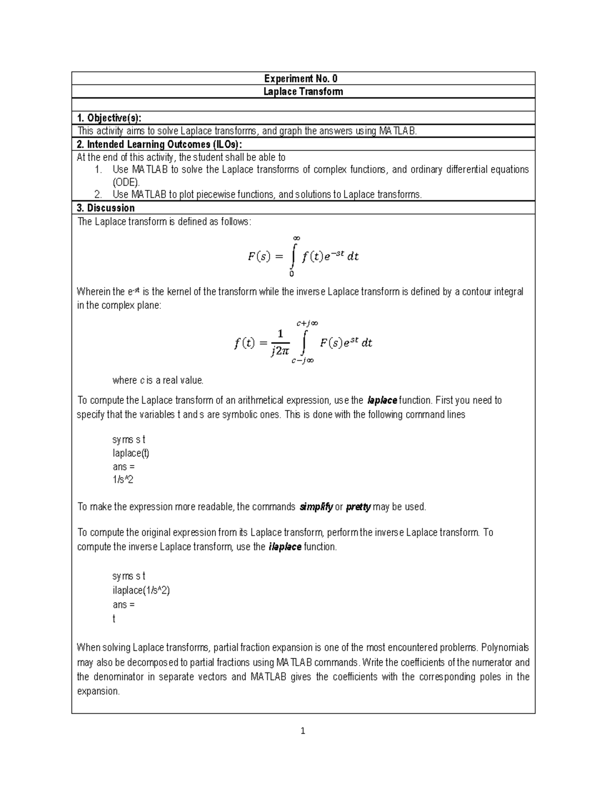 Experiment 1: Laplace Transform Analysis Using MATLAB - Studocu