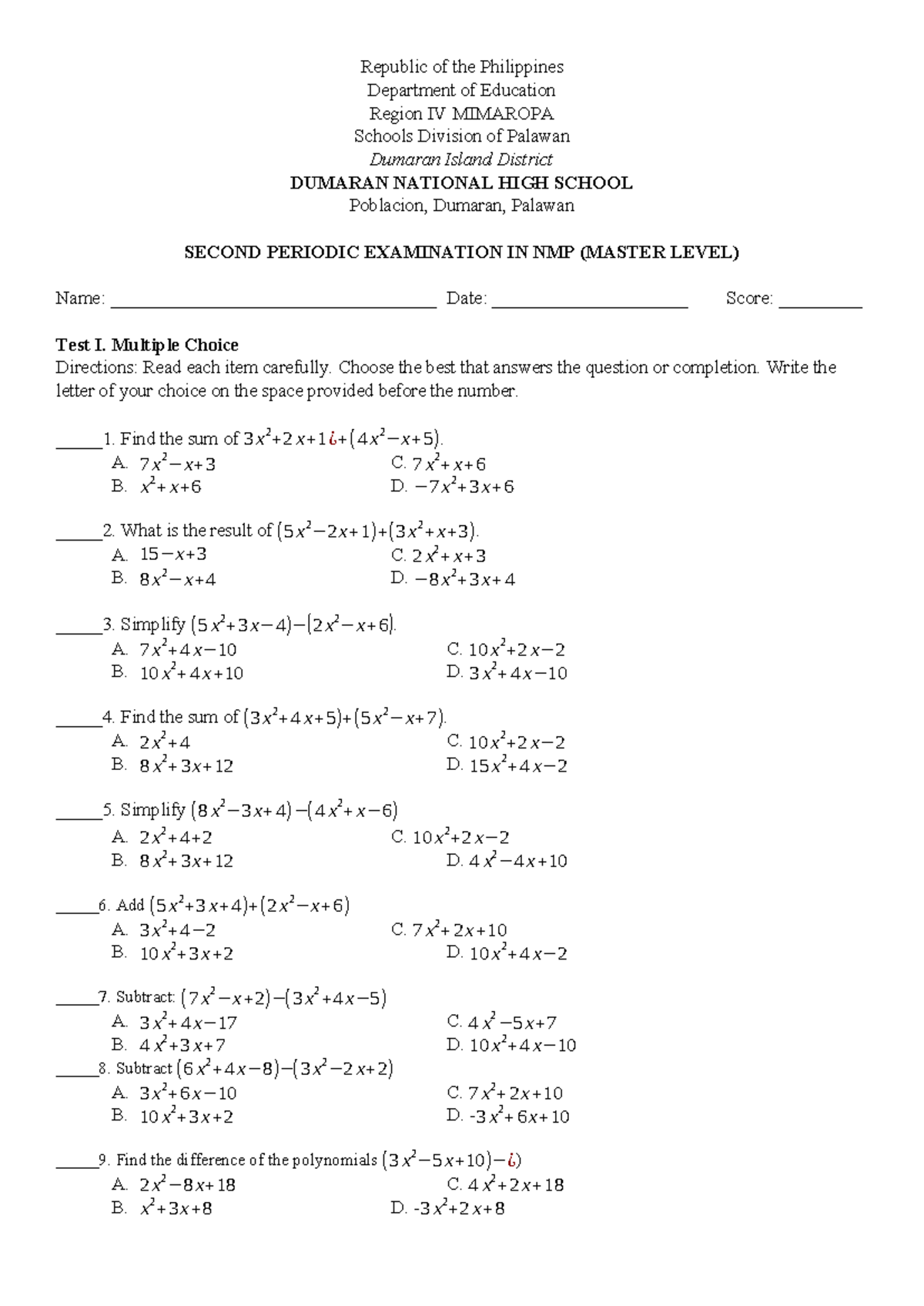 NMP Subject Exam: Polynomials - Addition and Subtraction (Master Level ...