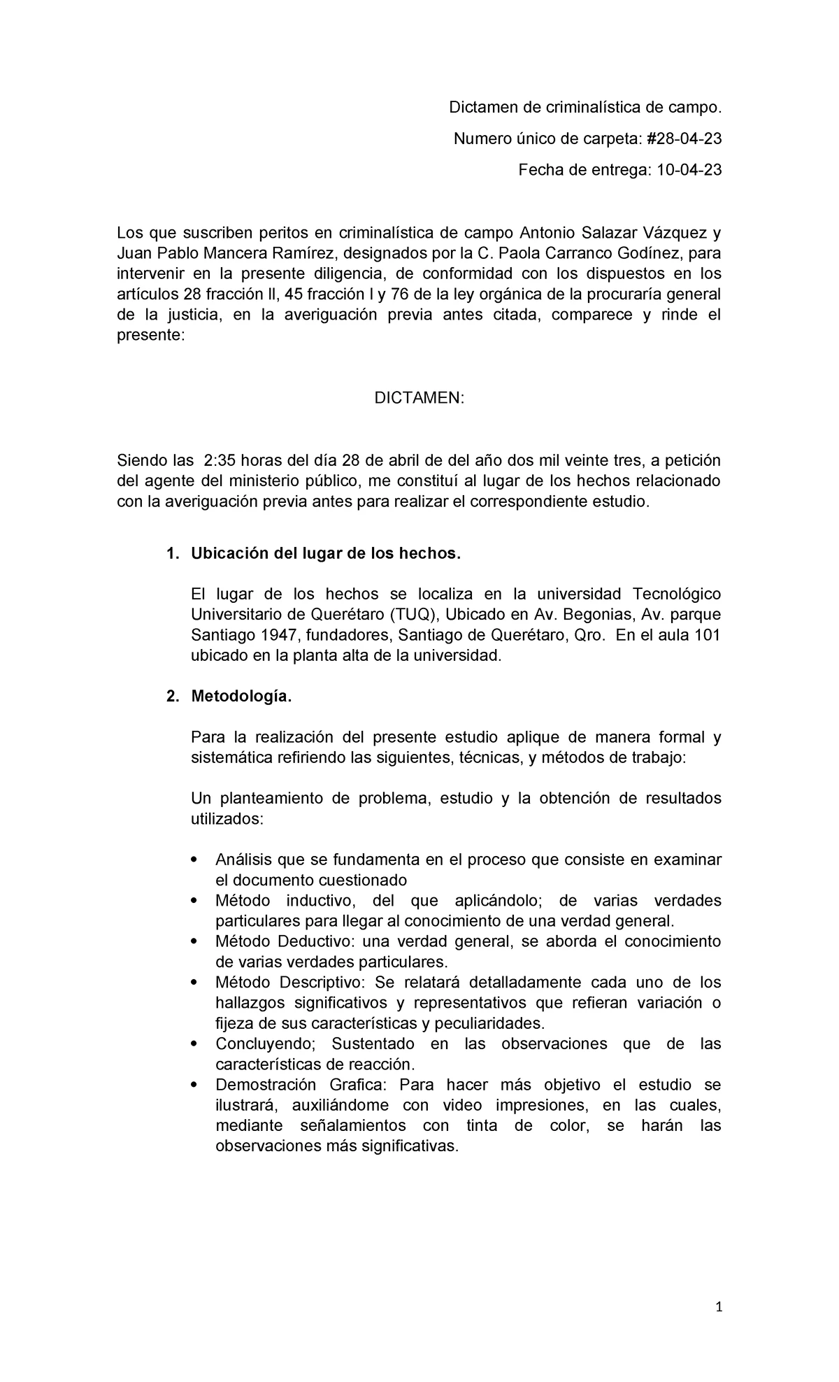 Dictamen de Hechos de Tránsito Terrestre - Intervención 1234567 - Studocu