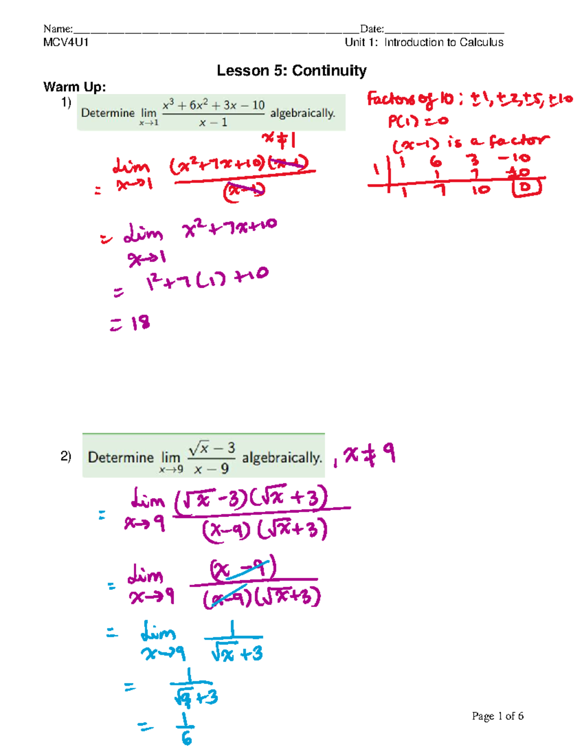 MCV4U1 Unit 1: Calculus Lesson 5 - Continuity Notes - Studocu