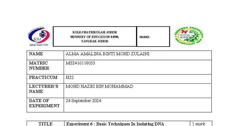 LAB Report EXP 6: Isolating DNA from Plant Tissue - MS2416118053 - Studocu