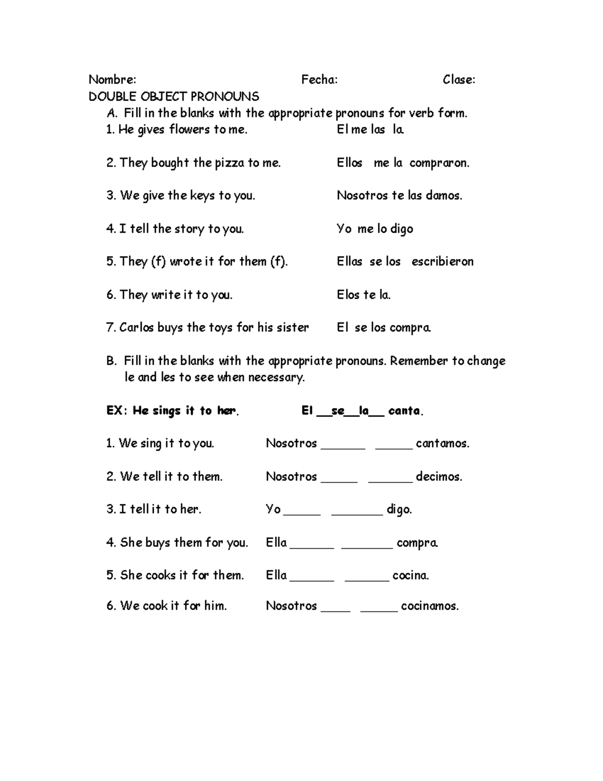 Spanish Double Object Pronouns Practice Exercises - Studocu