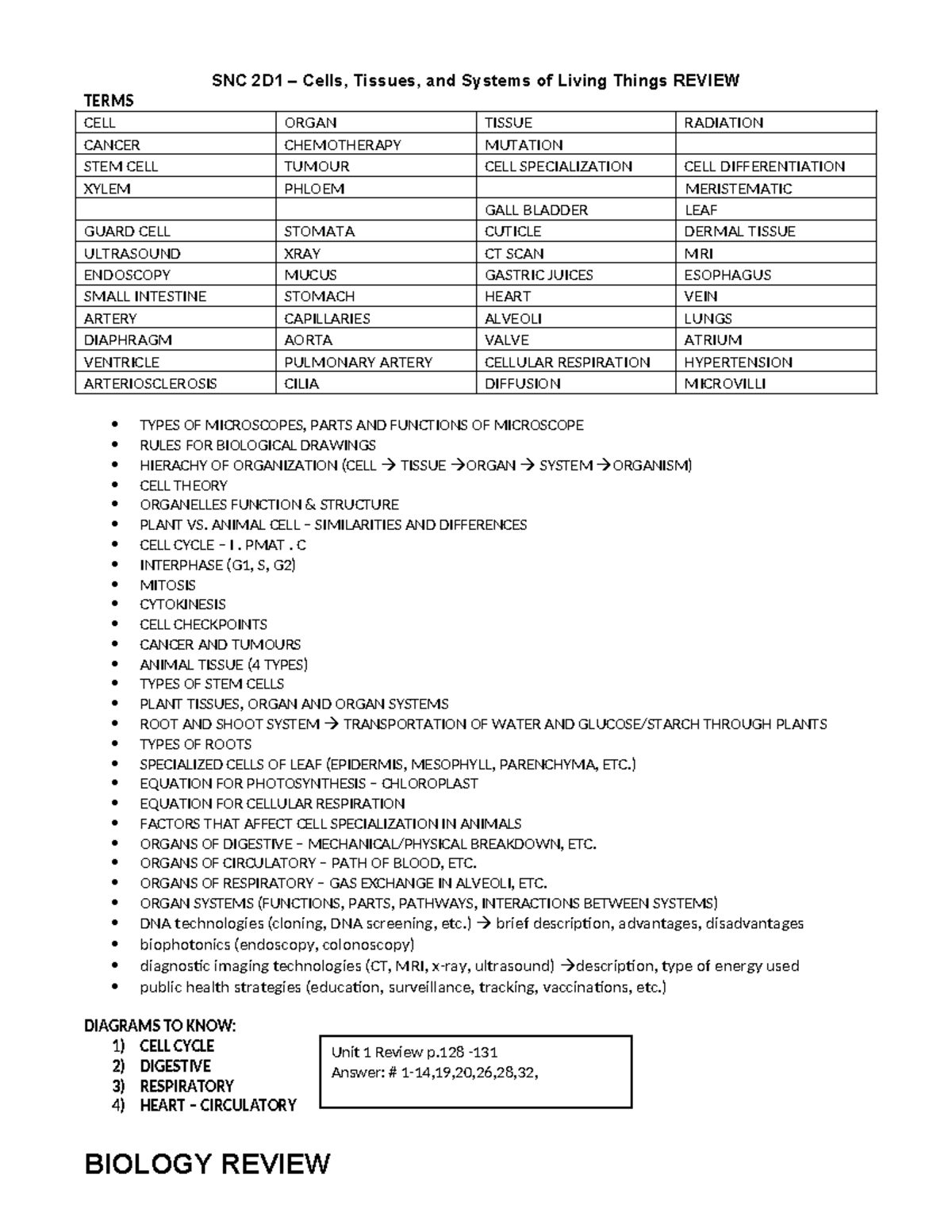 SNC2D1 - Biology TEST Review: Cells, Tissues, and Organ Systems - Studocu