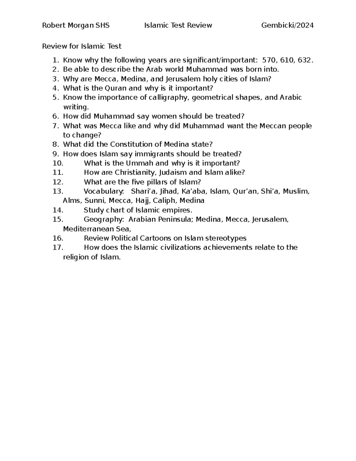 Islamic Test Review 2024 - Key Concepts and Important Terms - Studocu