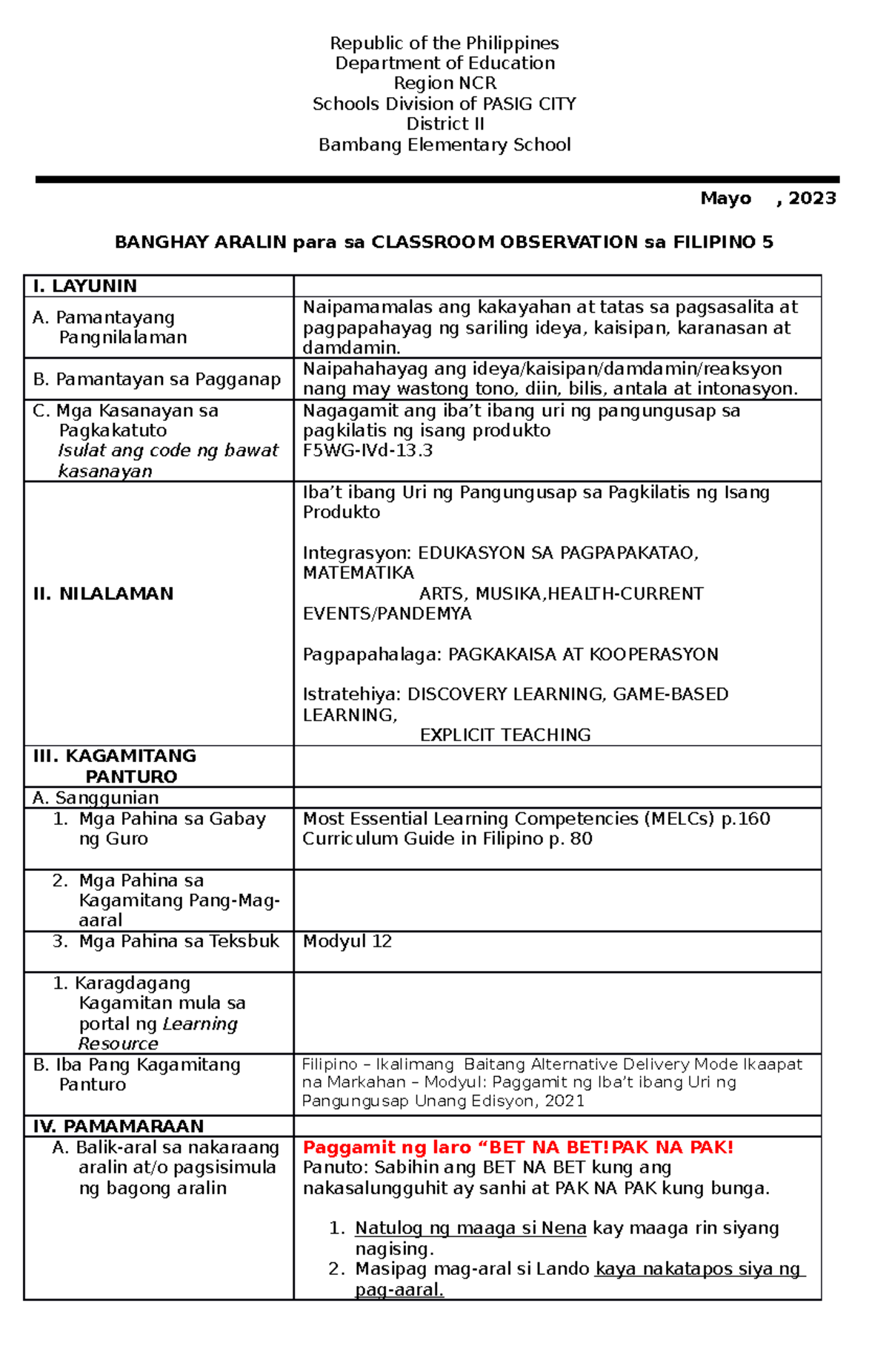 CO Lesson Plan on Filipino: Using Different Types of Sentences - Studocu