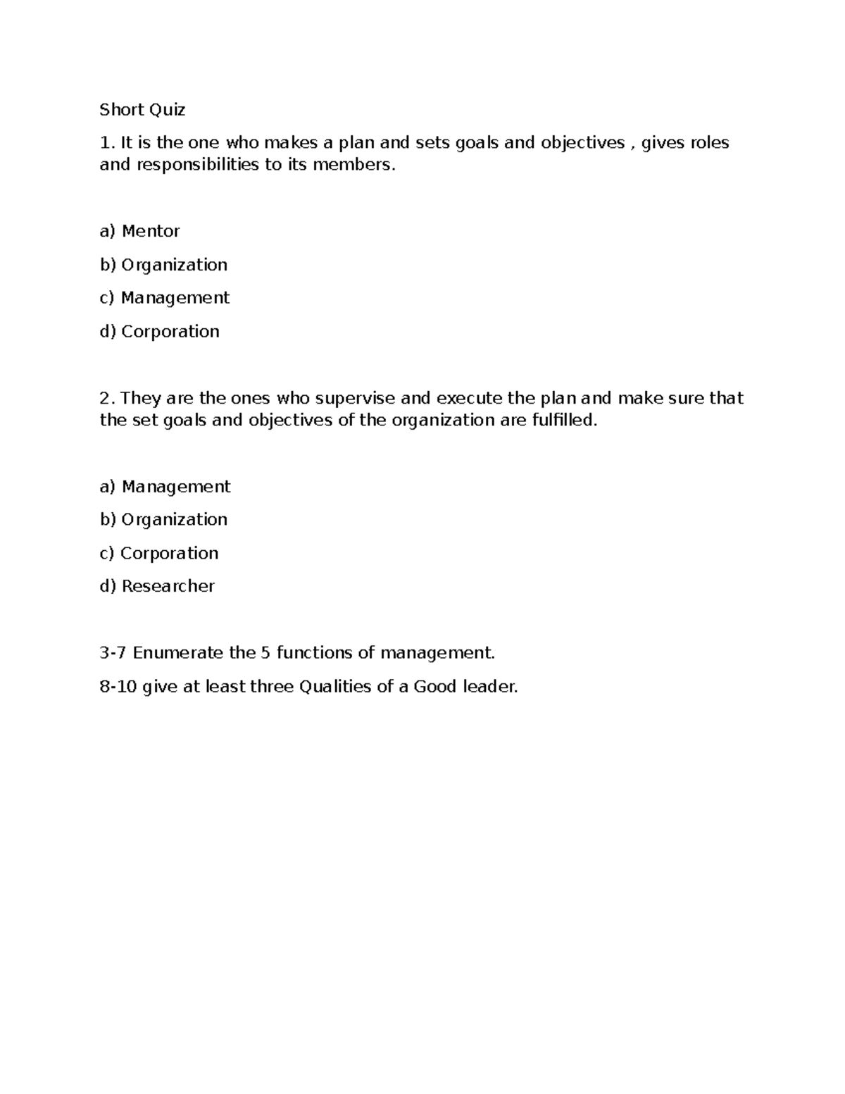 Reyan Quiz - None - Bachelor of Secondary Education - Short Quiz It is ...