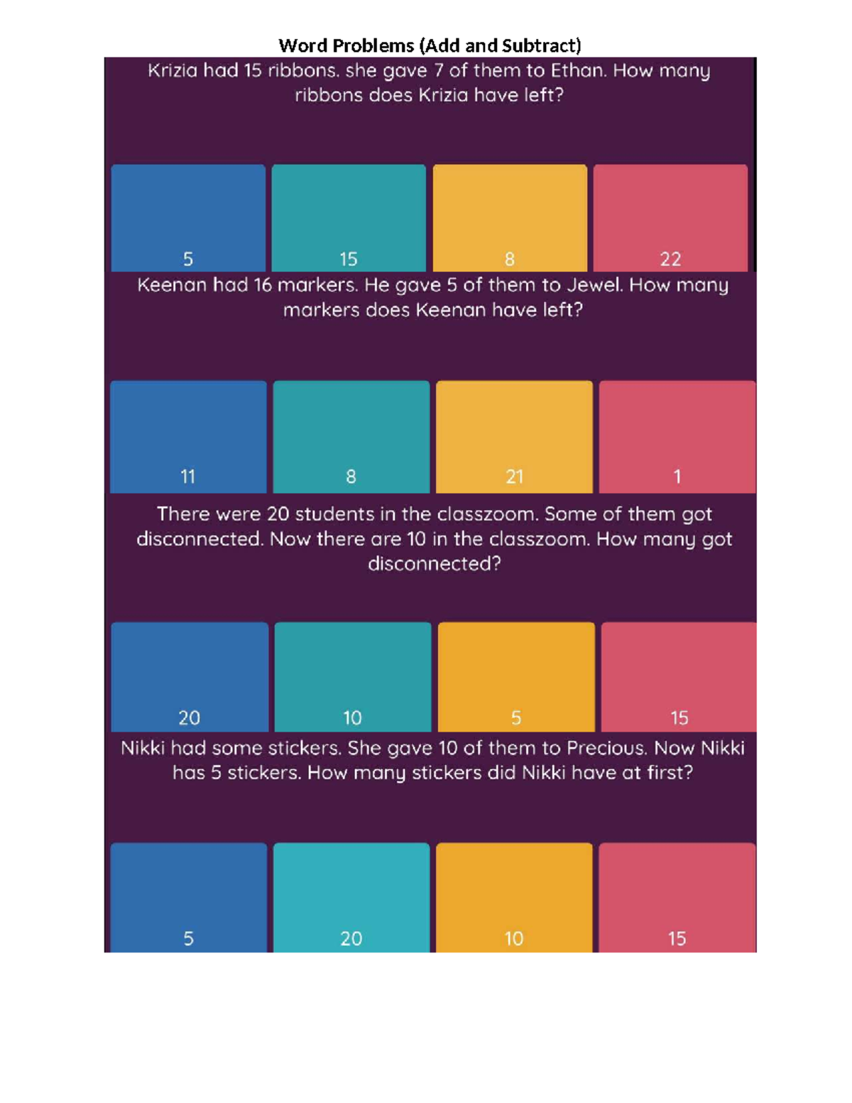 Word Problems (Add & Subtract) - Quiz 11.1 - Studocu