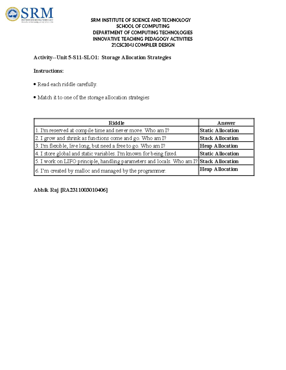 21CSC304J Compiler Design: Storage Allocation Strategies Riddles - Studocu