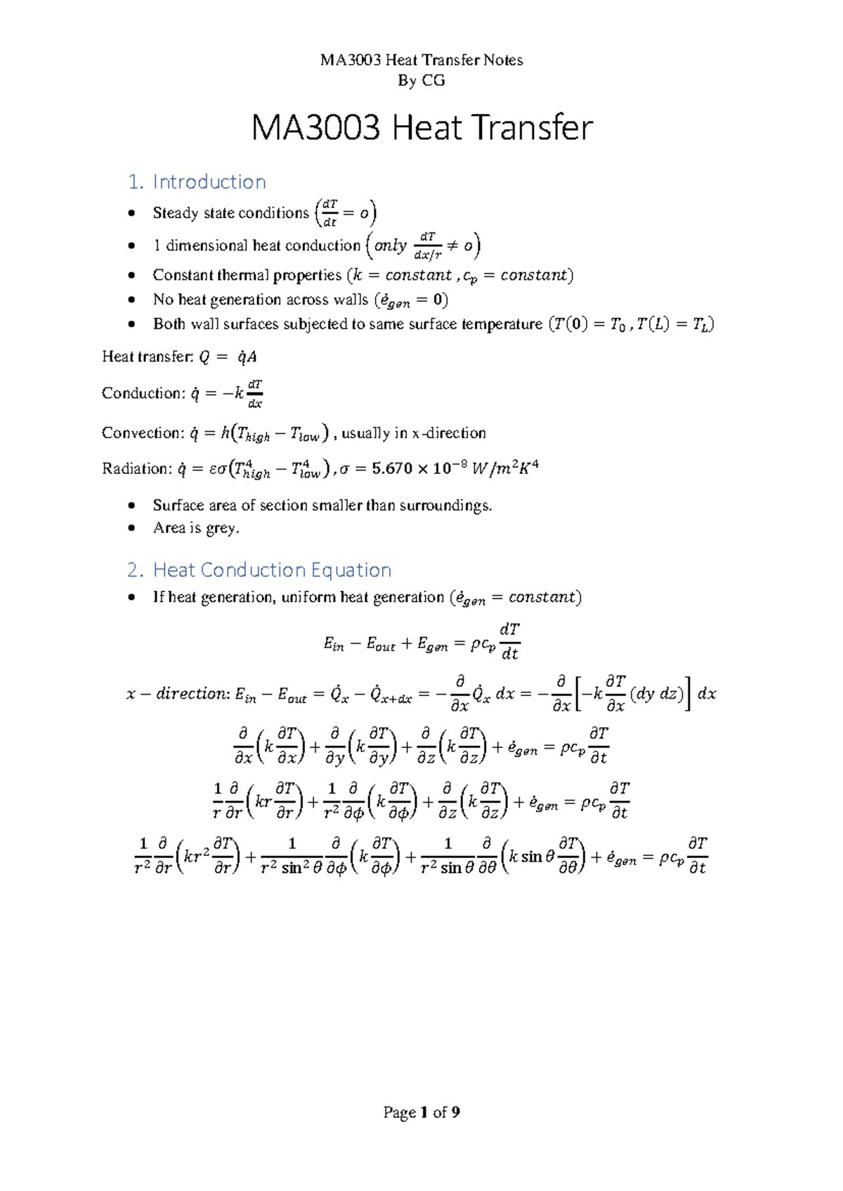 MA3003 Heat Transfer Notes: Key Concepts and Equations Explained - Studocu