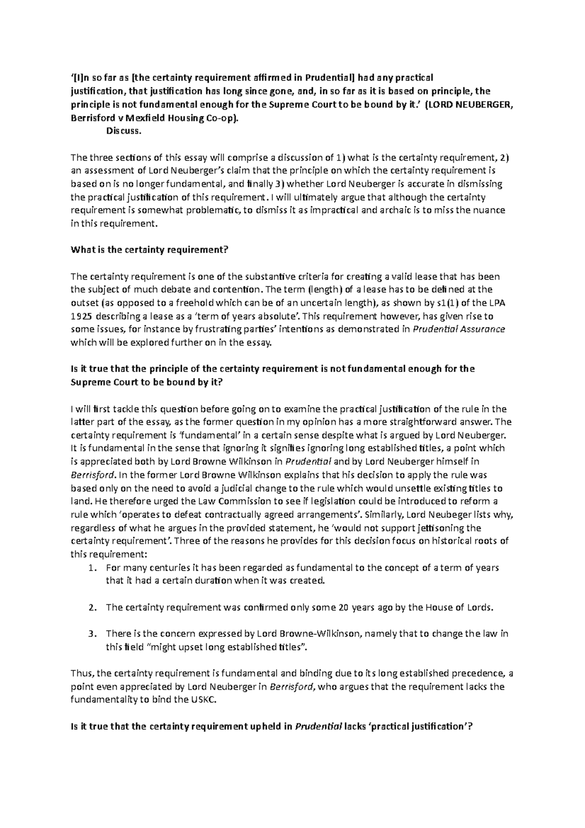 Land Law Essay on Certainty Requirement - Grade: 2.1 - Studocu