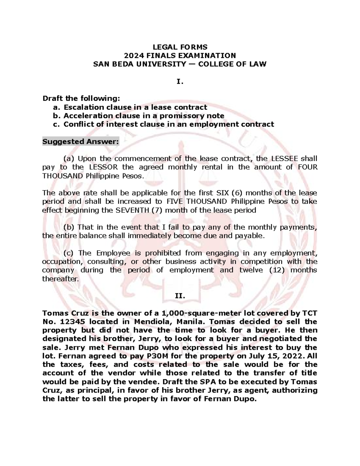 LEGAL 2024 FINALS EXAM: Sample Legal Forms & Drafts for LLF - Studocu