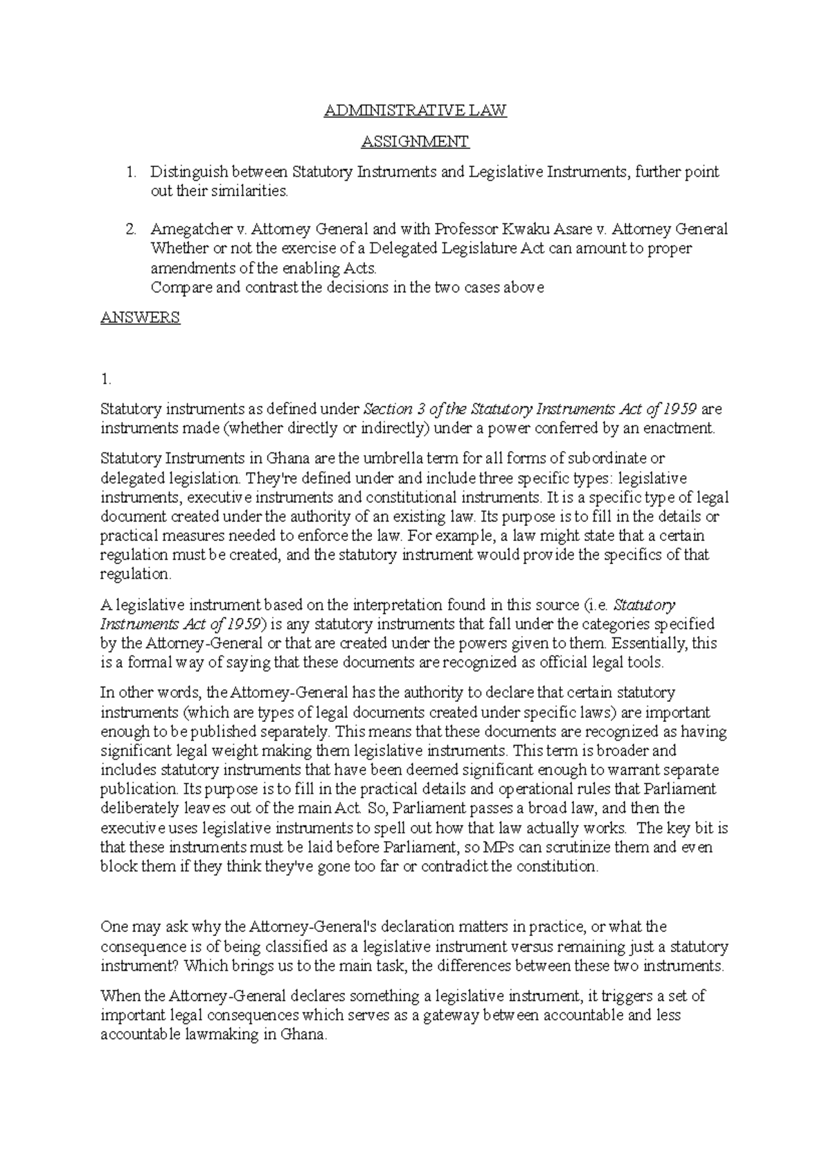 ADMINISTRATIVE LAW ASSIGNMENT 1: Statutory vs Legislative Instruments ...