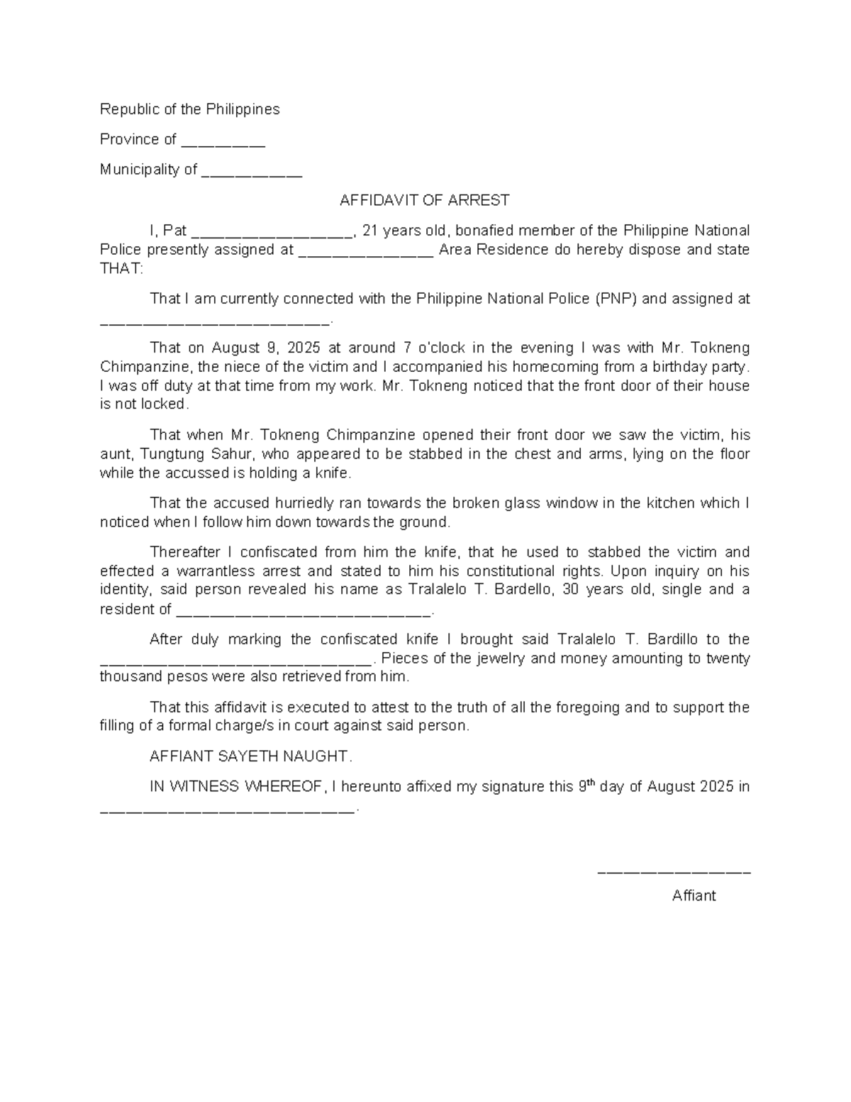 Affidavit of Arrest and Complaint - PNP Case Documentation - Studocu