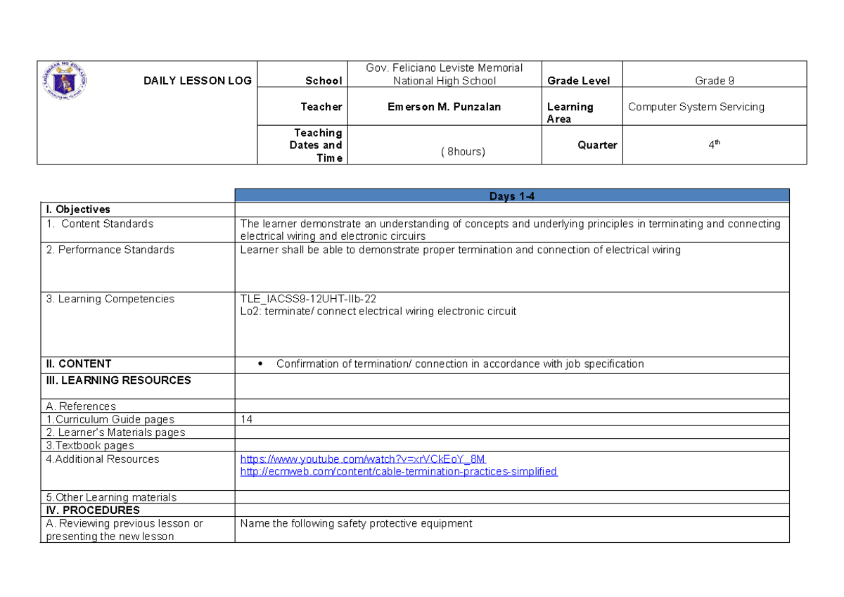 Daily Lesson Log: Electrical Wiring & Connections - Grade 9 (4th ...