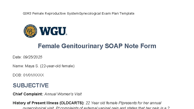 GIM3 Female Genitourinary SOAP Note - Gynecological Exam Template - Studocu