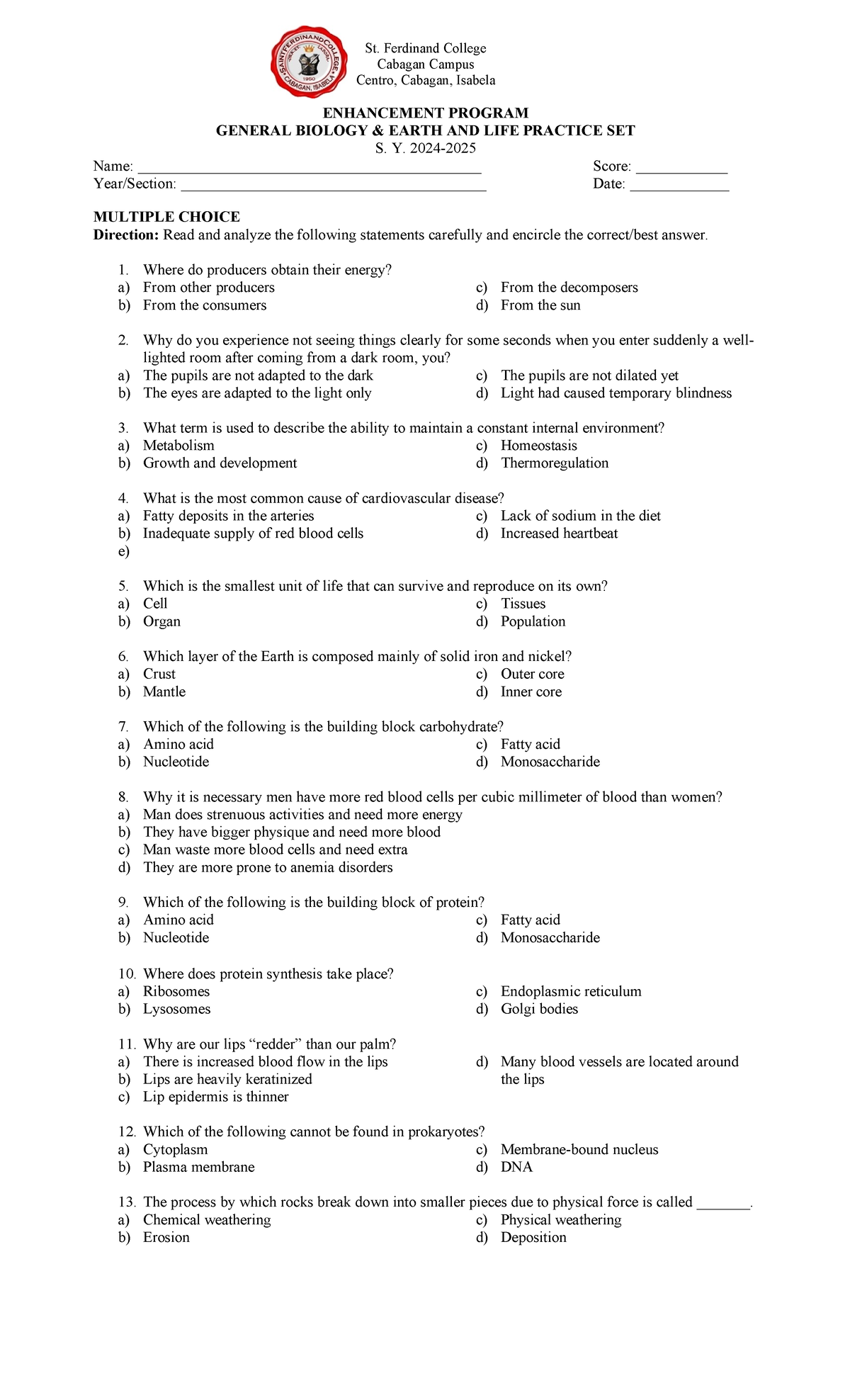 Enhancement Program: General Biology Practice Set for LET Exam - Studocu