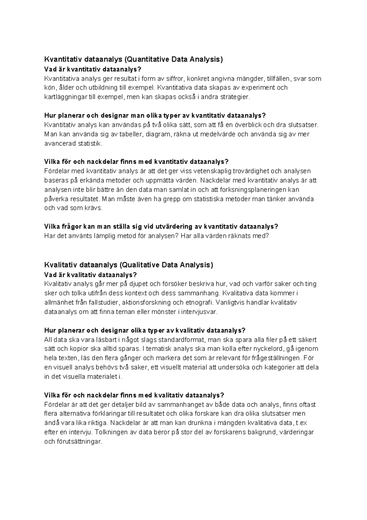 Kvantitativ och Kvalitativ Dataanalys: Strategier och Utvärdering - Studocu