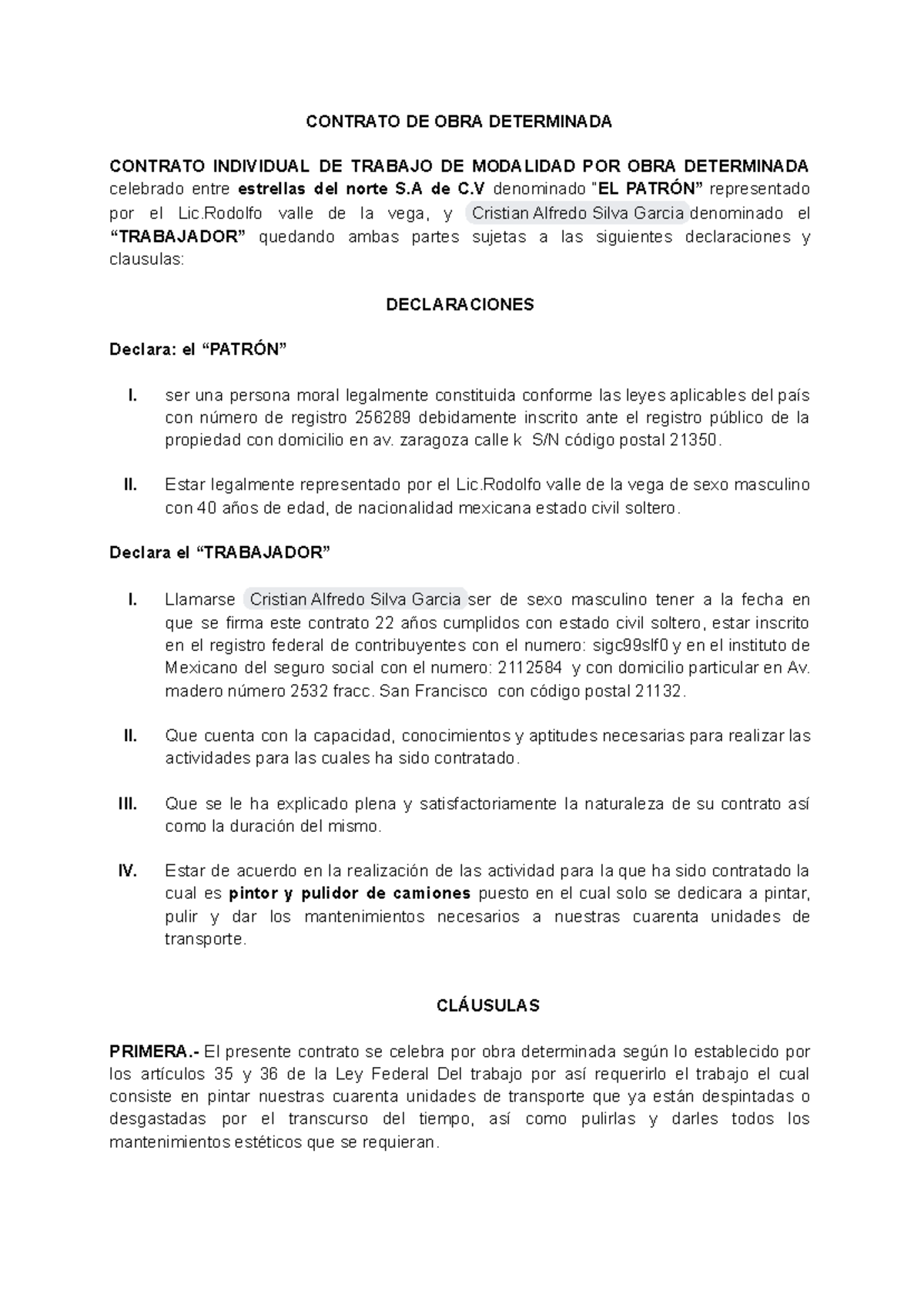 Contrato Individual de Trabajo por Obra Determinada - Studocu