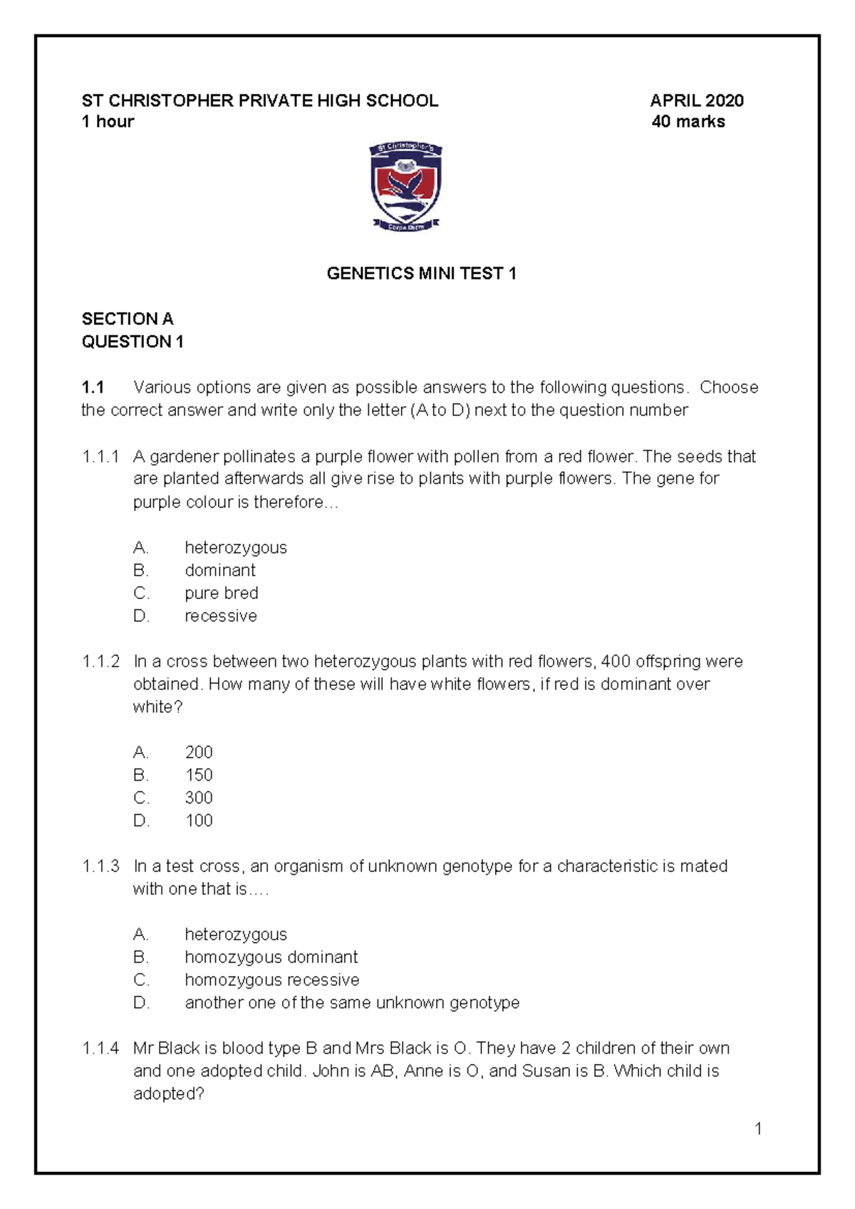 GENETICS MINI TEST 1 - ST CHRISTOPHER PRIVATE HIGH SCHOOL - Studocu