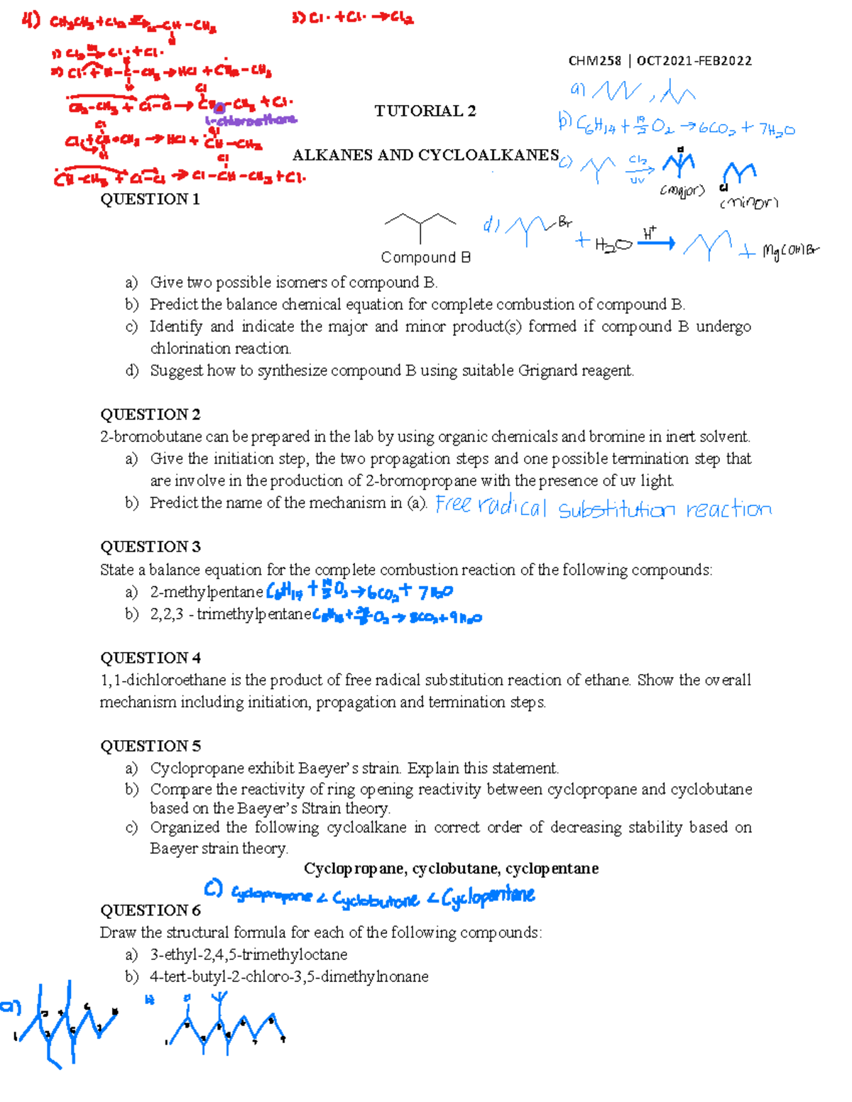 Tutorial 2 - CHM258 - CHM25 8 | OCT202 1 - FEB 2022 TUTORIAL 2 ALKANES AND CYCLOALKANES QUESTION ...