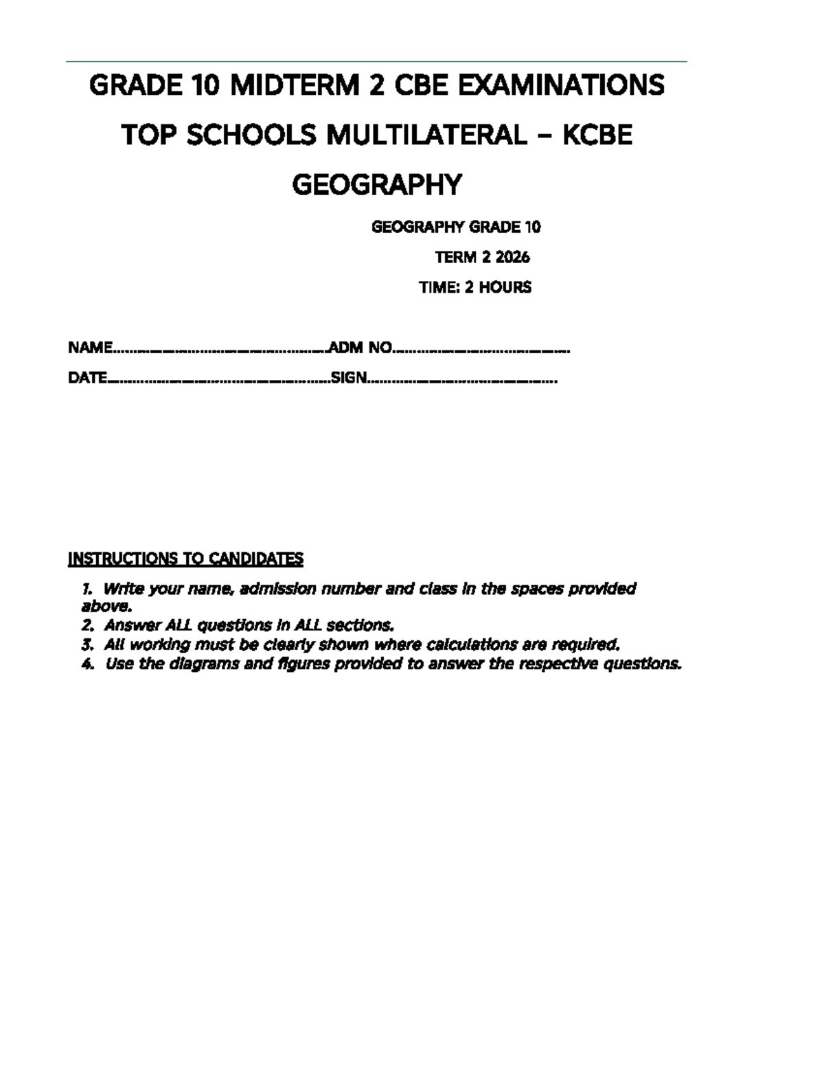 Grade 10 Geography Midterm 2 Exam 2026: CBE & Top Schools - Studocu