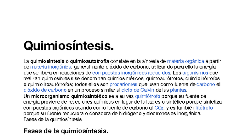 Quimiosíntesis: Proceso y Fases de la Quimioautotrofía - Studocu