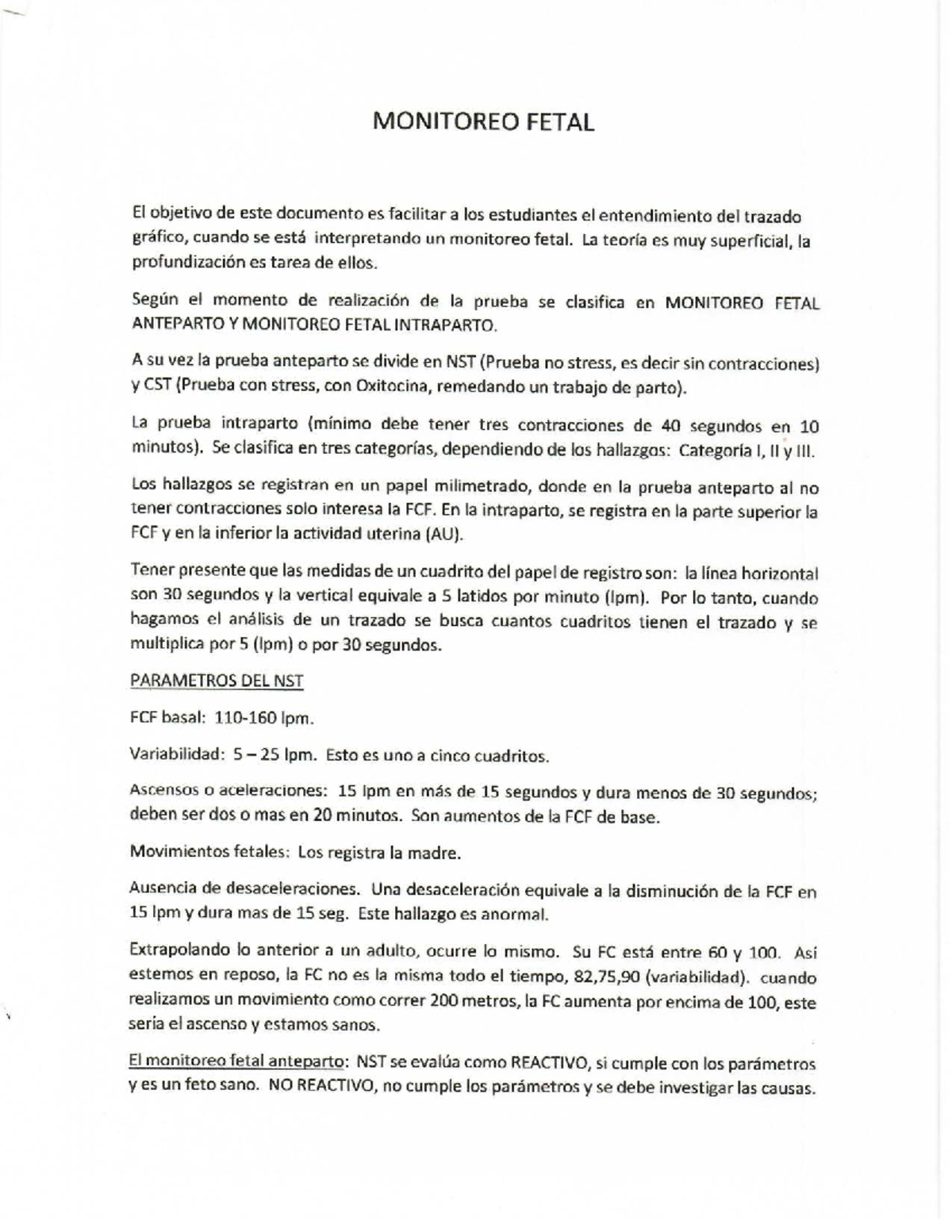 Monitoreo Fetal: Guía para NST y CST en Anteparto e Intraparto - Studocu