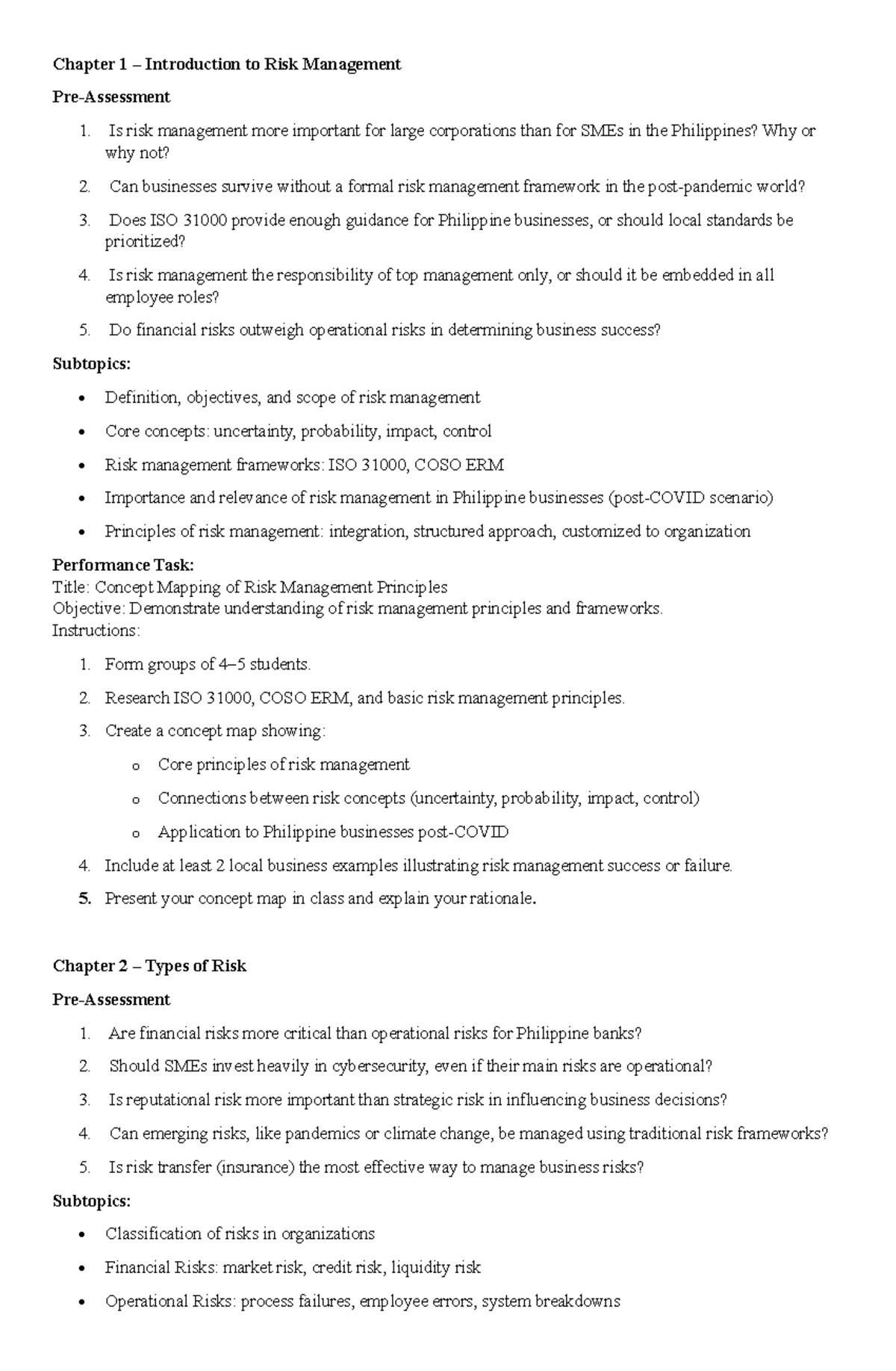 Risk Management Course Outline: Principles, Types, and Strategies - Studocu