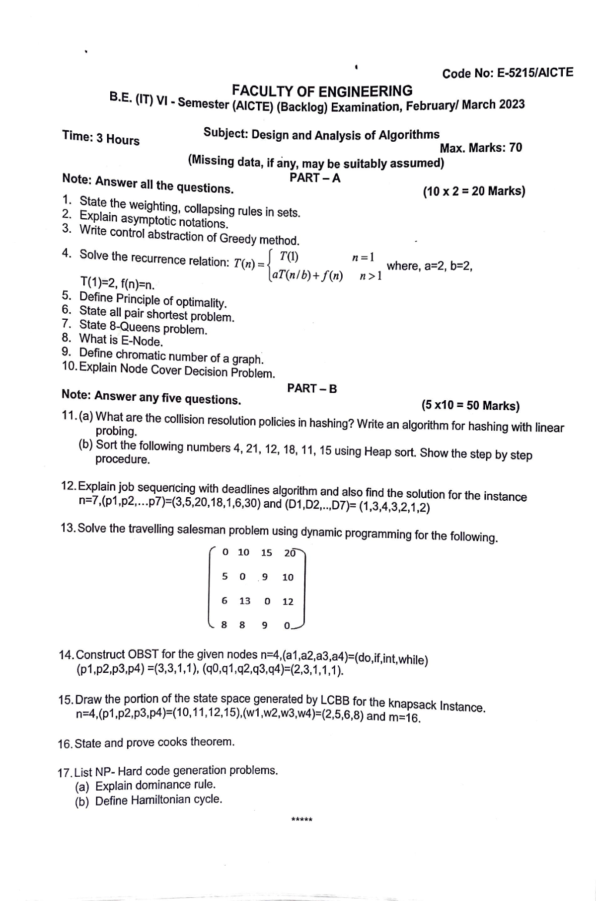 DAA Final Exam Questions for B.E. (IT) VI Semester - Spring 2023 - Studocu