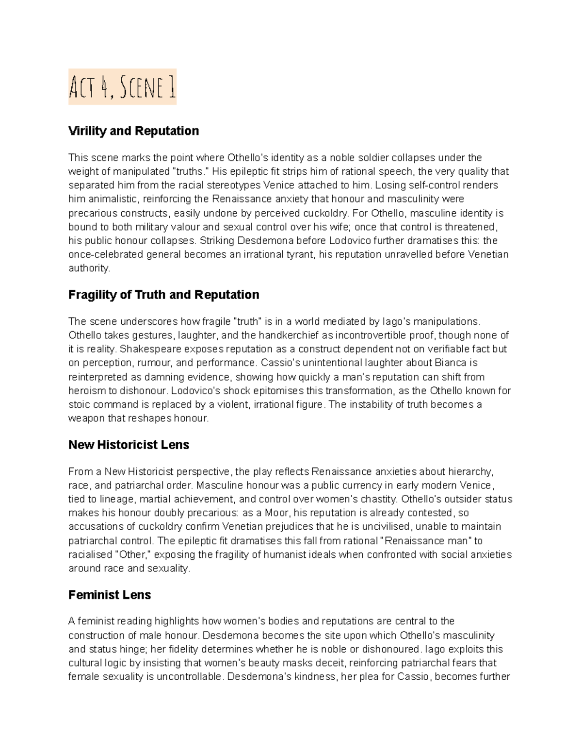 Othello - Act 4, Scene 1: Fragility of Masculinity and Reputation - Studocu