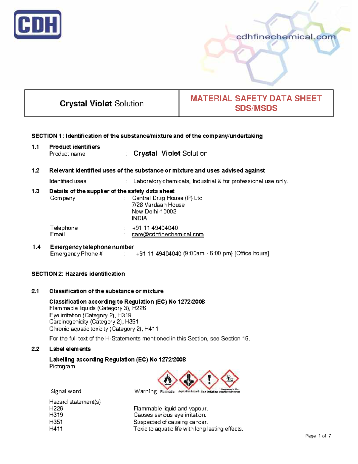 Crystal Violet Solution MSDS: Safety and Handling Guidelines - Studeersnel