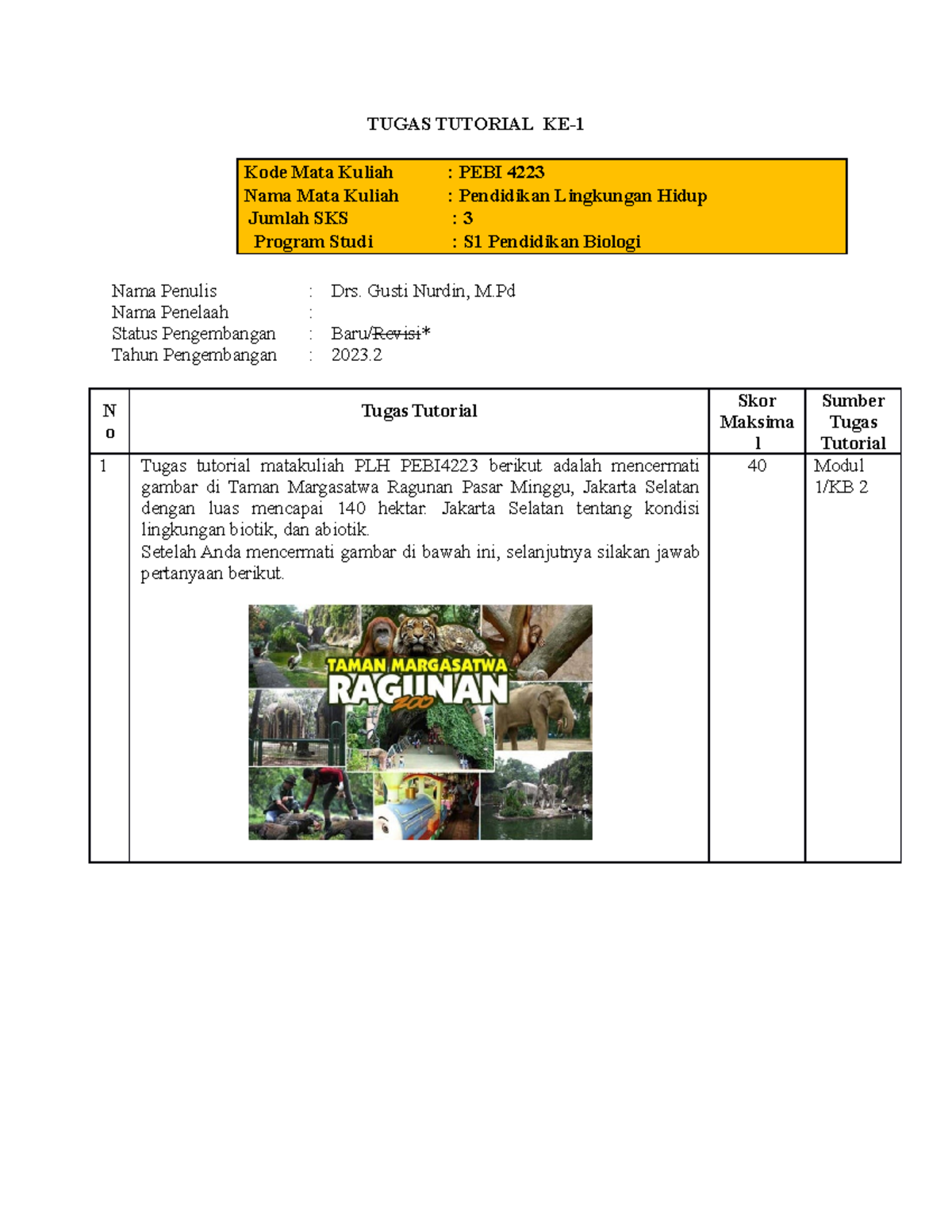 Tugas Tutorial 1 PLH PEBI4223: Analisis Ekosistem Taman Margasatwa - Studocu