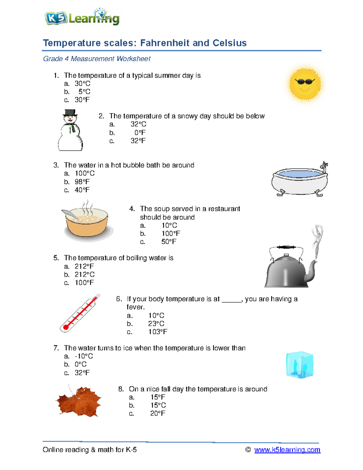 Grade 4 temperature fahrenheit celsius a - Online reading & math for K ...