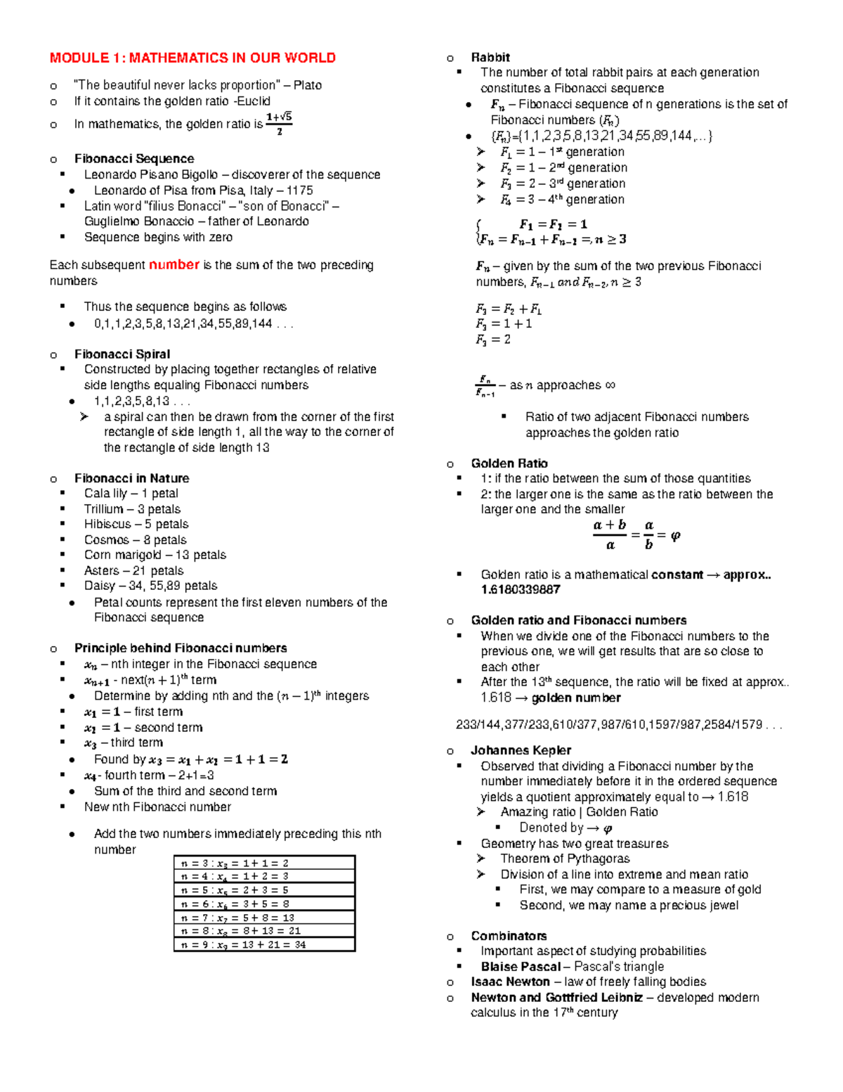 ZGE 1104 Prelim - Goodluck! - MODULE 1: MATHEMATICS IN OUR WORLD o “The ...