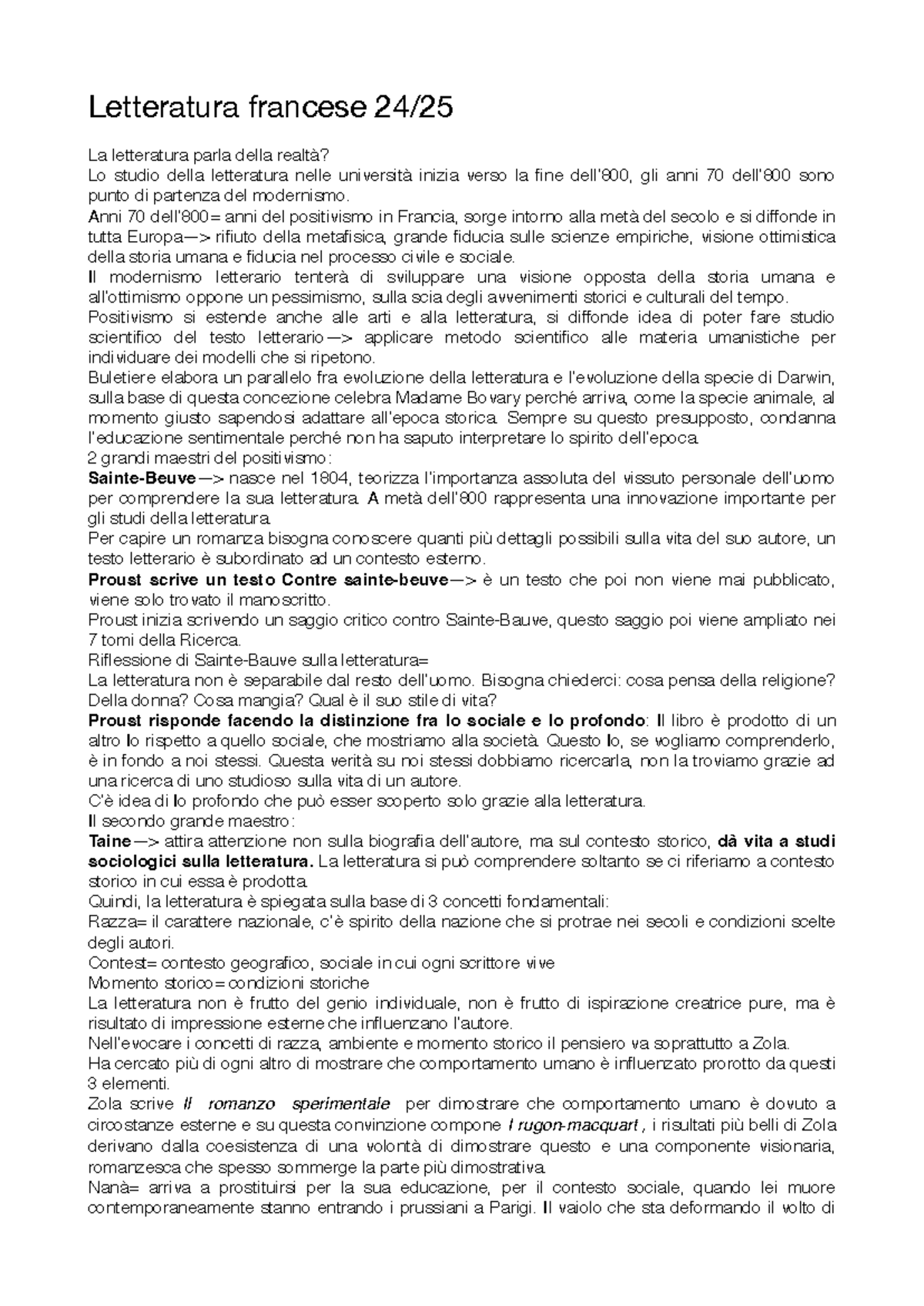 Analisi della Letteratura Francese: Modernismo & Positivismo - Studocu