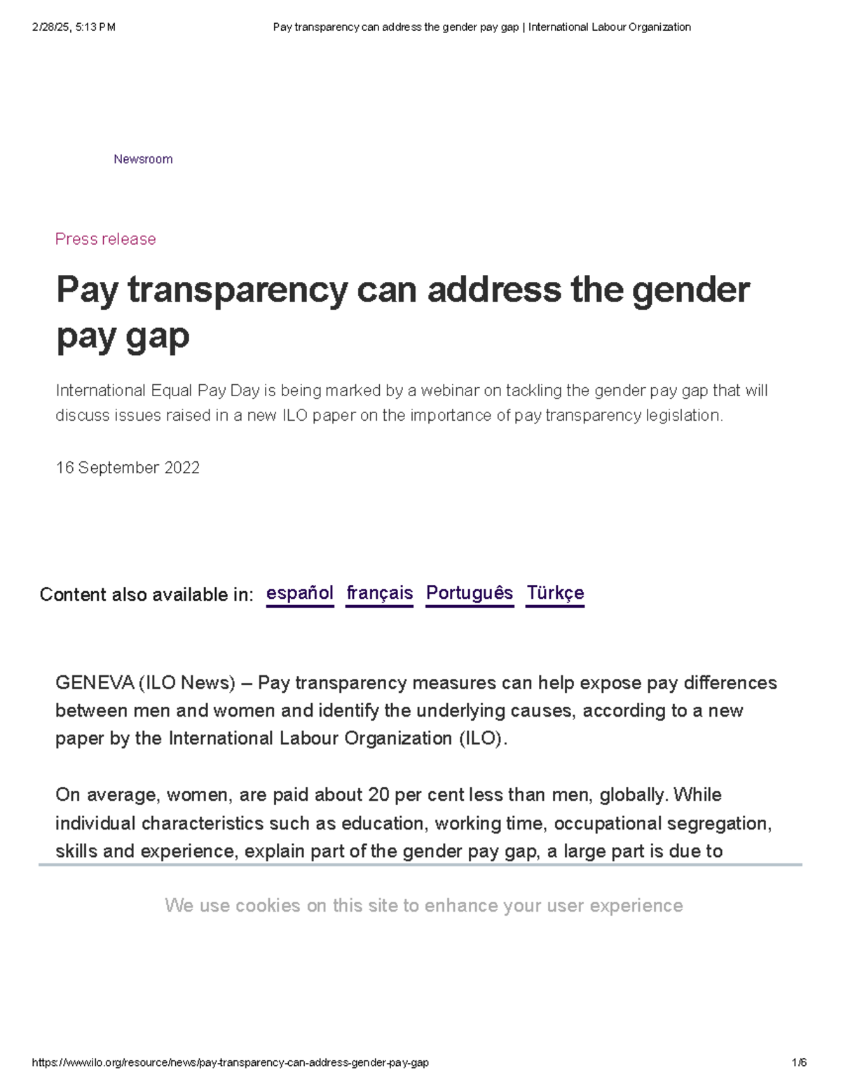 ILO Press Release: Pay Transparency & Gender Pay Gap Insights - Studocu