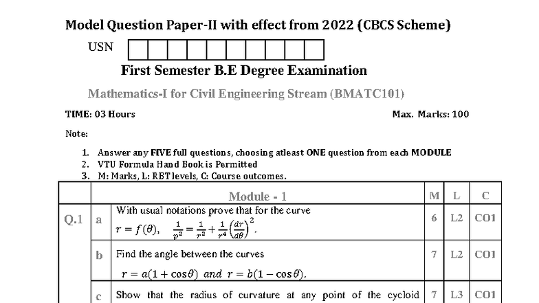 Model Question Paper for Civil Engineering (BMATC101) - 1st Sem - Studocu