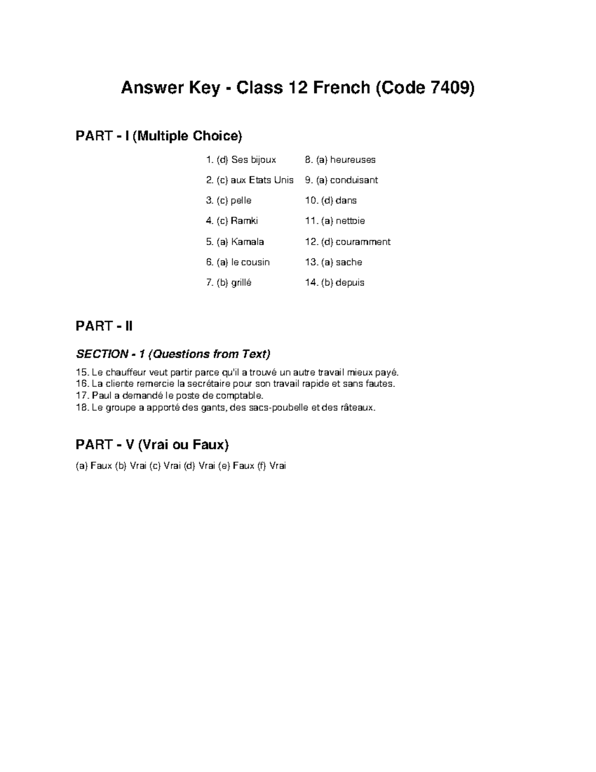 Answer Key for Class 12 French (Code 7409) - MCQ & Text Questions - Studocu