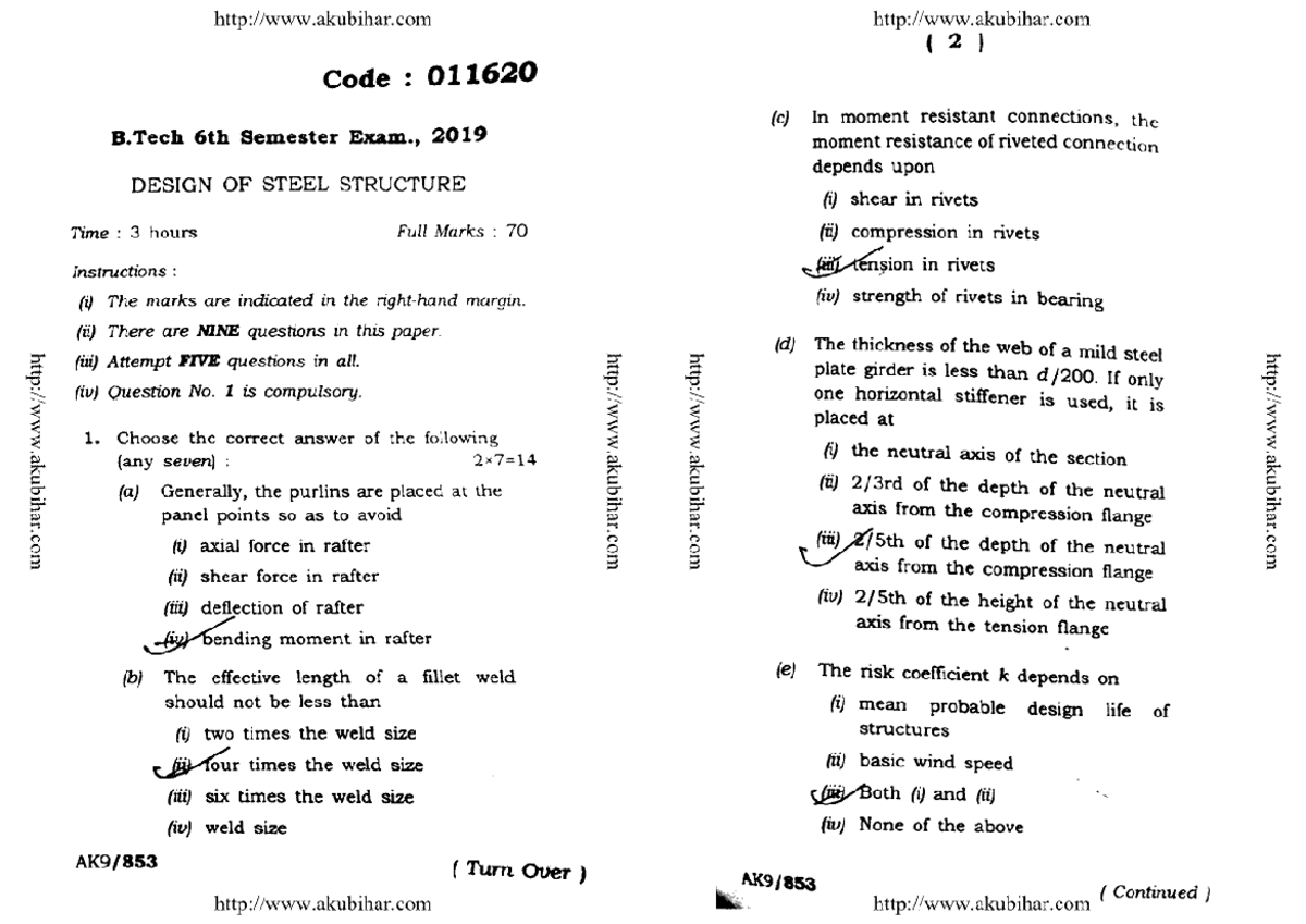 Design OF Steel Structures BEU Question Paper 2019 - Code : 011620 (c ...