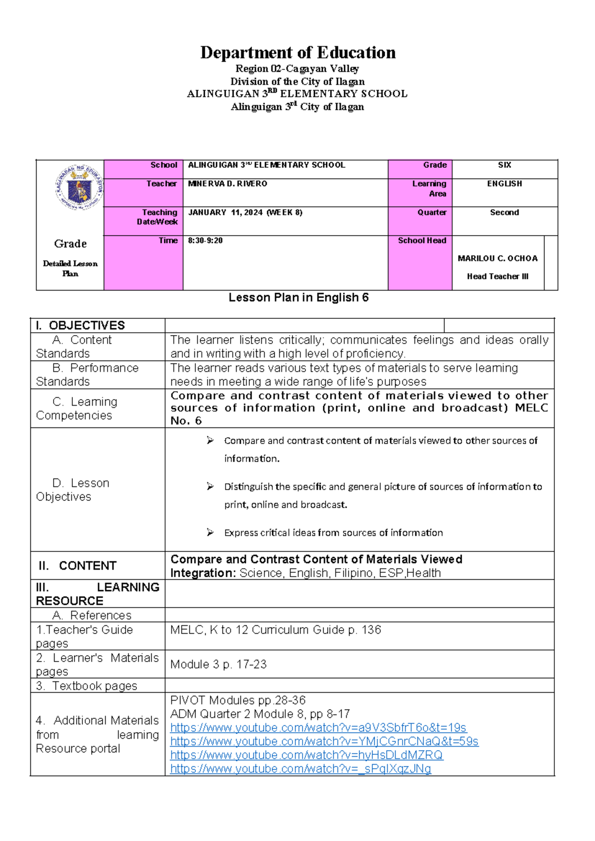 COT English 6 Week 8 Lesson Plan: Compare and Contrast Strategies - Studocu