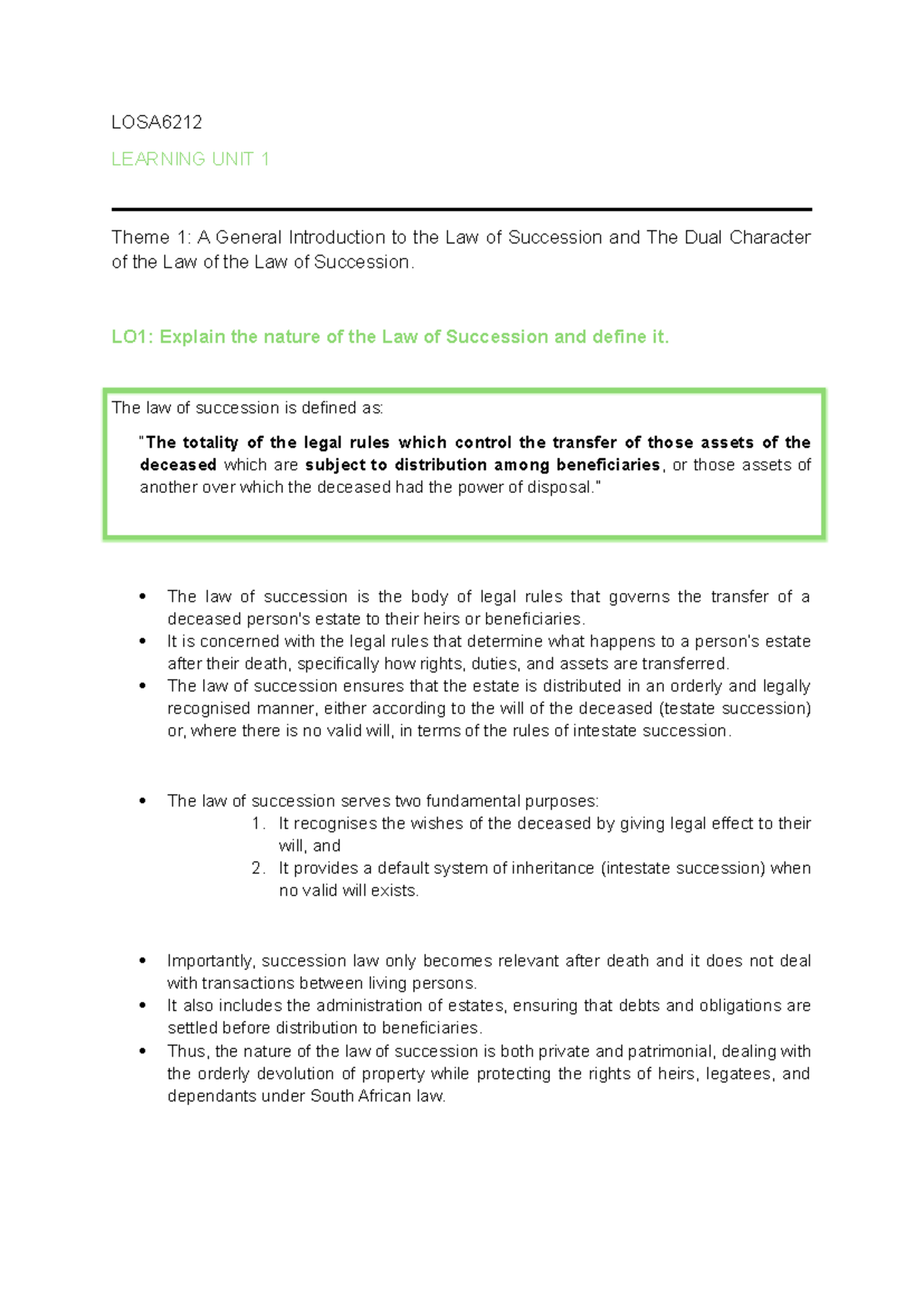 LOSA6212 Learning Unit 1: Introduction to the Law of Succession - Studocu