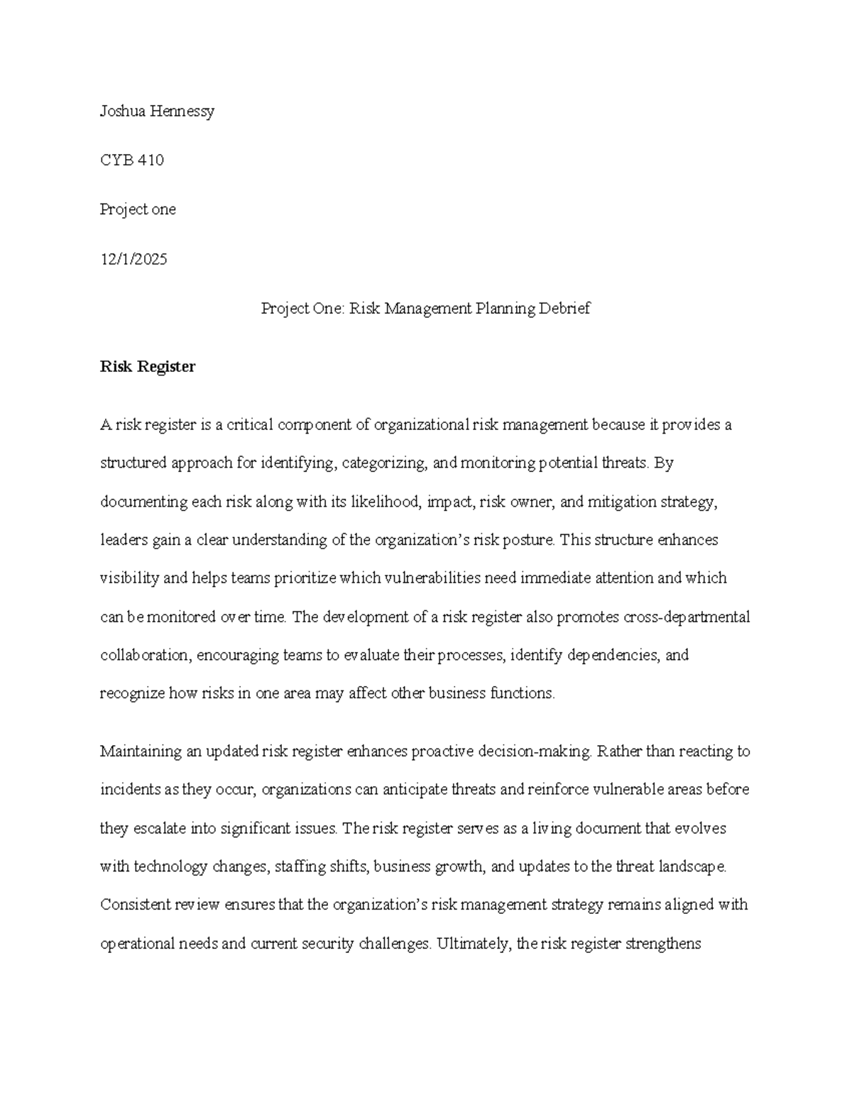 CYB 410 Project One: Risk Management Planning & Analysis - Studocu