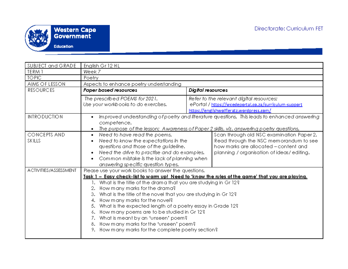 English HL Gr 12 Term 1 Week 7 Poetry Lesson Notes 2021 - Studocu