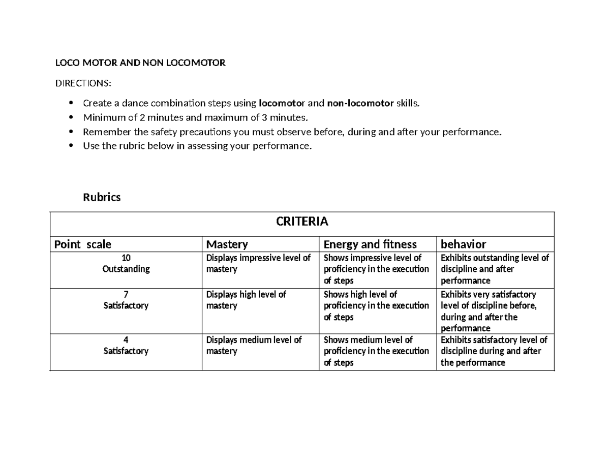 LOCO Motor AND NON Locomotor - LOCO MOTOR AND NON LOCOMOTOR DIRECTIONS ...