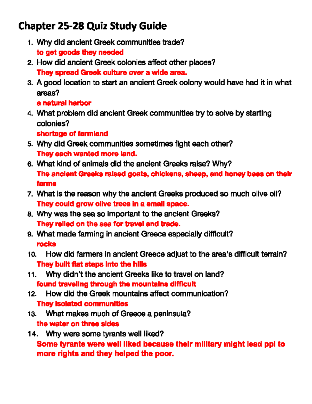 S.S Chapter 25-28 Quiz Study Guide: Ancient Greek History Insights ...